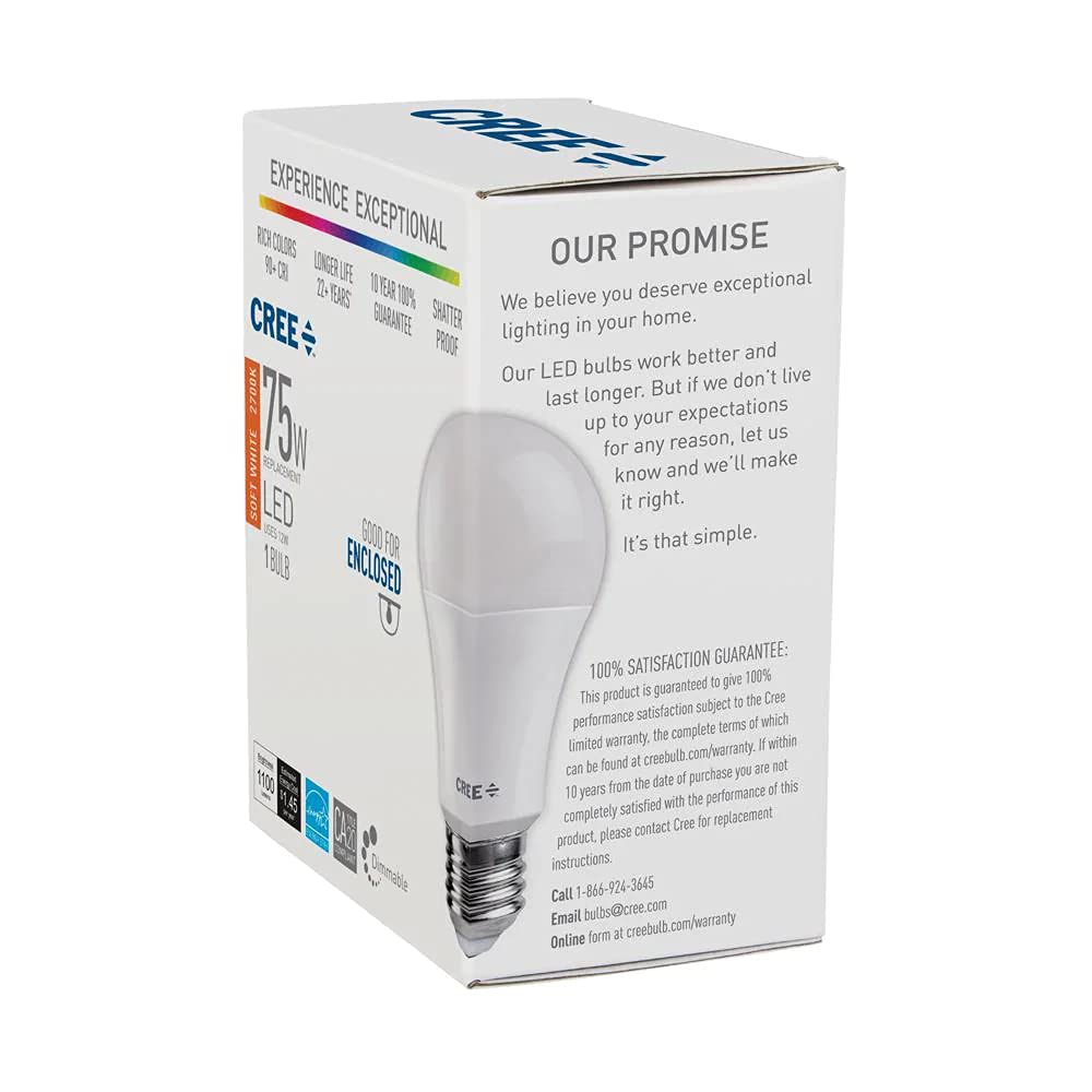 Cree Lighting Exceptional Series A19 Bulb, 2700K Dimmable LED Bulb, 75W + 1100 Lumens, Soft White, [7] 1 Packs