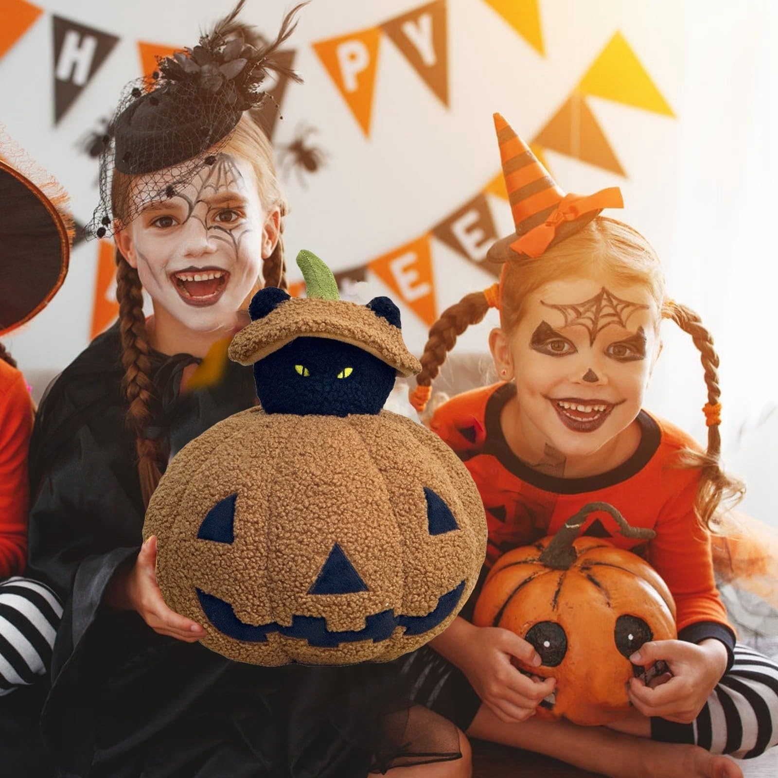 Halloween Black Cat Pumpkin Toy Pillow Holiday Pillow Halloween Pumpkin Plush Toy, Cute Cat Hides in Pumpkin Pillow,Cat Pumpkin Peeping Plush Pillow Home Decoration