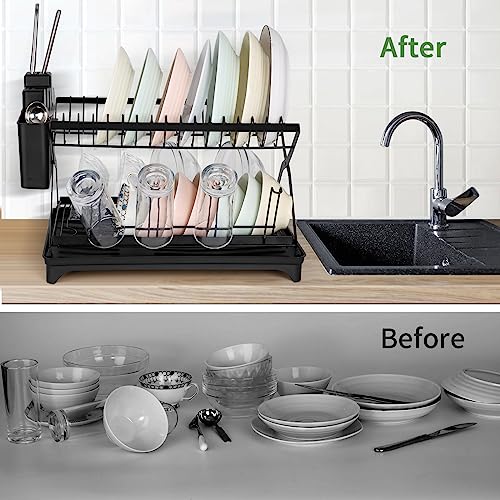 Dish Drying Rack Dish Rack for Kitchen Counter,Dish Racks for Kitchen Counter,Rustproof X-Type Utensil Holder,with Drain Board Wine Glass Holder Utensil Holder, 2Tier Multifunctional Dish Rack