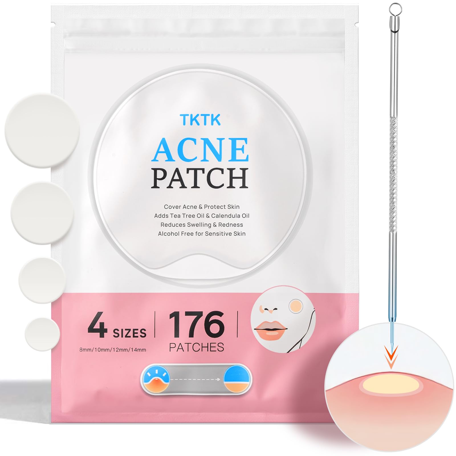 Pimple Patches with Extractor, Hydrocolloid Acne Patches for Face 4 Sizes 176 Count for Zit Breakouts, 2-in-1 Blackhead Remover & Pimple Popper Tool with Tea Tree & Calendula Oil