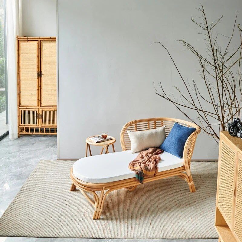 Generic Minimalist Japanese Rattan Chaise Sofa Bed β Artistic Living Room Furniture, 68.89*32.28*33.85in, Wood, White