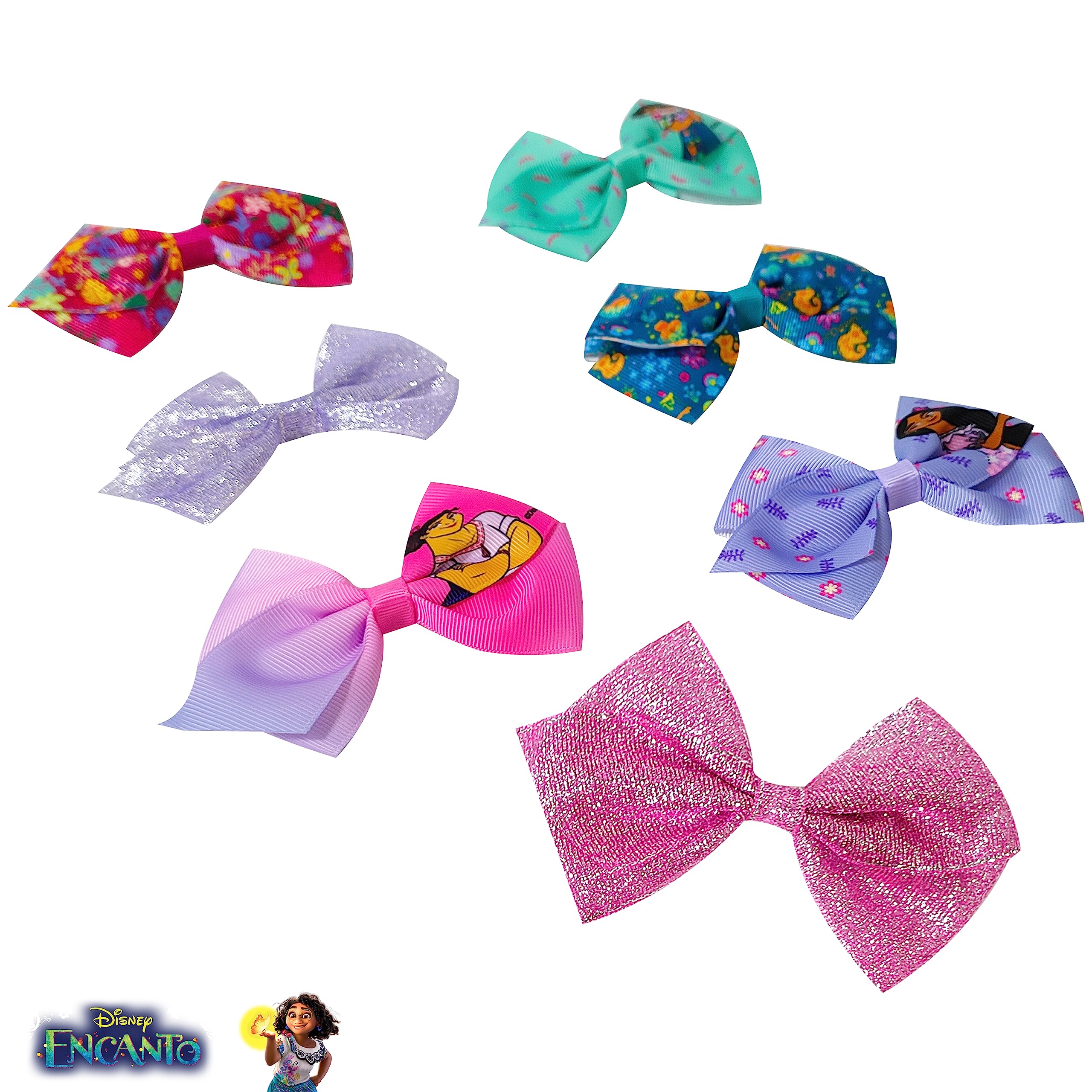 Disney Encanto Bow Bundle 7 Pcs 4 Inch Bundle - Hair Bows for Girls - Different Encanto Image on Each Clip - Alligator Clip - Ages 3+ Hair Accessories Bows for Girls
