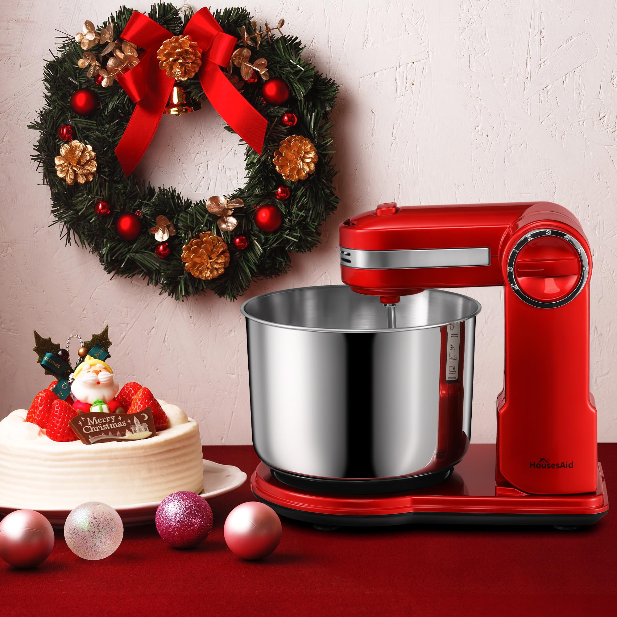 HousesAid Foldable Stand Mixer, 3.7QT Electric Kitchen Mixer, 6 Speeds with Dough Hook & Beater, Space-Saving Design for Small Kitchen, Ideal for Baking & Daily Use, Red