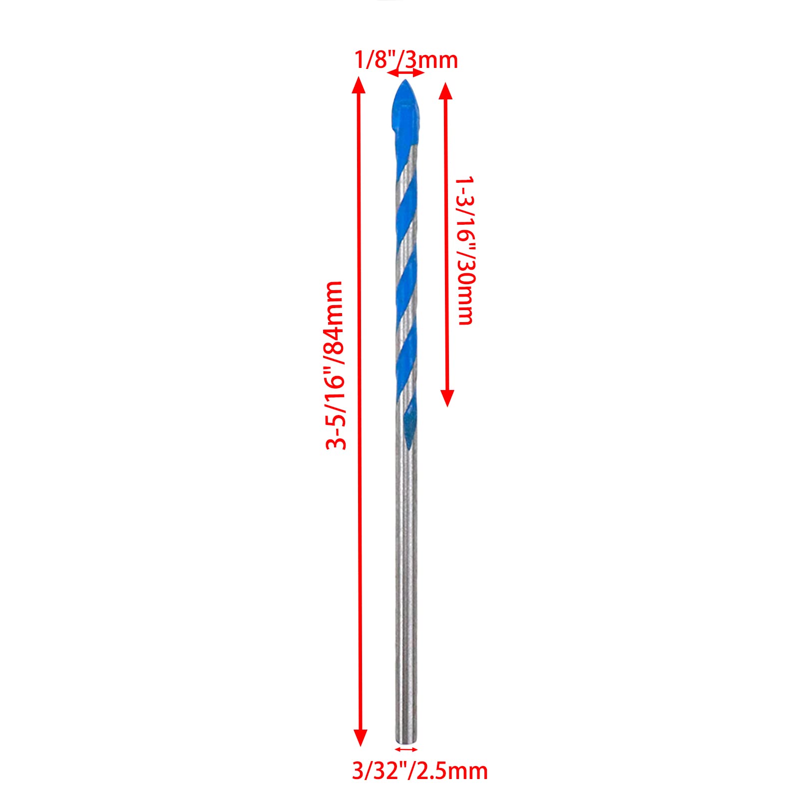 Rannb 10pcs Masonry Drill Bit Set 1/8" Drilling Dia Carbide Drill Bit for Glass, Tile and Ceramic