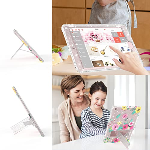 Rantice iPad 9th Generation Case, iPad 8th Generation Case, iPad 7th Generation Case, iPad Case for Women Girl Kids, Slim Shockproof Glitter Flower Clear Transparent iPad 10.2 Case with Kickstand