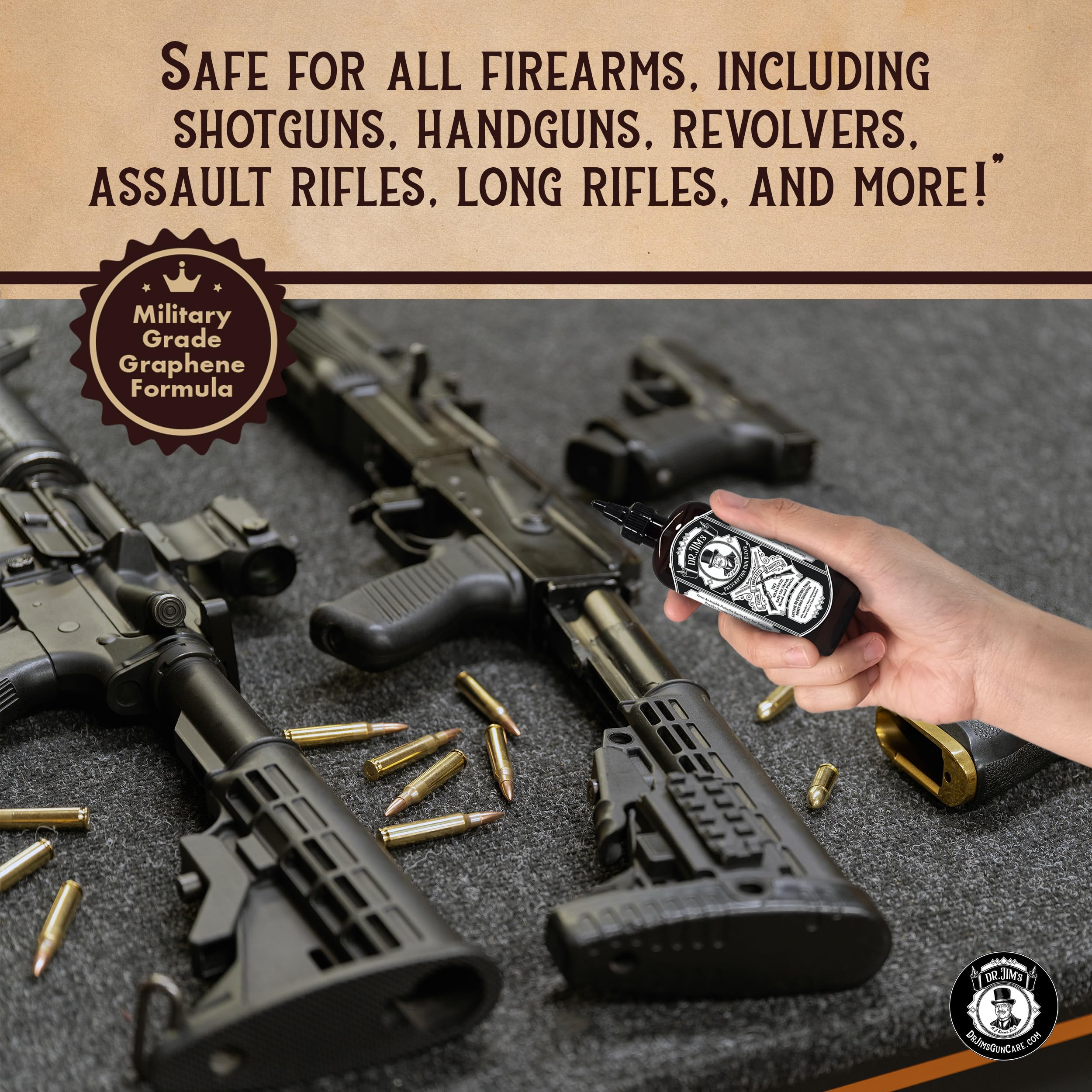 Dr. Jim's Prescription Gun Cleaner Lubricant and Protectant. Targets Carbon, Metals & Residue While Creating a Protective Barrier in and Outside of Your Gun. Made in USA