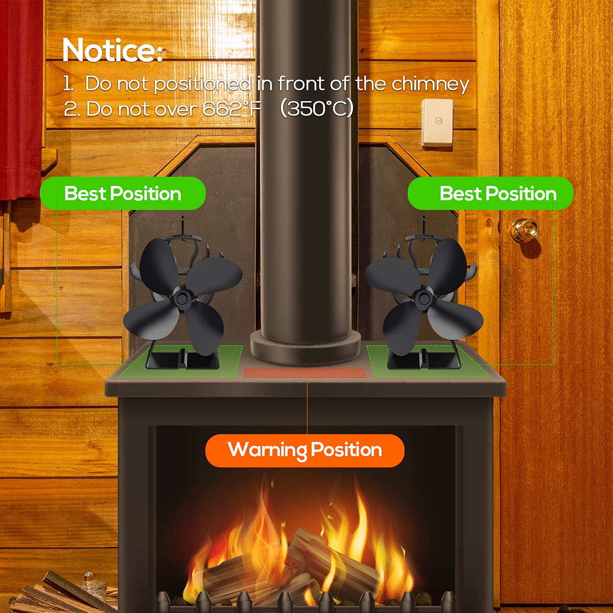 Upgrade 4 Blades Heat Powered Stove Fireplace Fan for Home Wood Log Burning Fireplace Circulating Warm Air Saving Fuel Efficiently