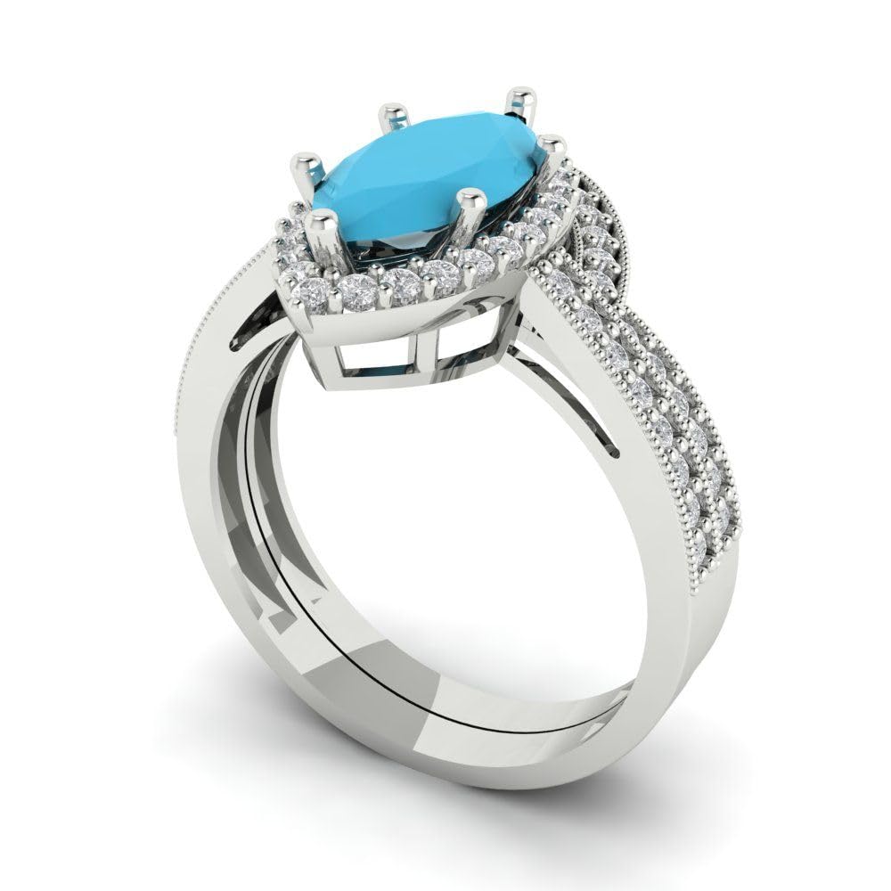 Clara Pucci 2.16ct Marquise Round Cut Laser Engraving Pave Halo Turquoise Engagement Wedding Bridal Ring Band set 18K White Gold Size 8.5