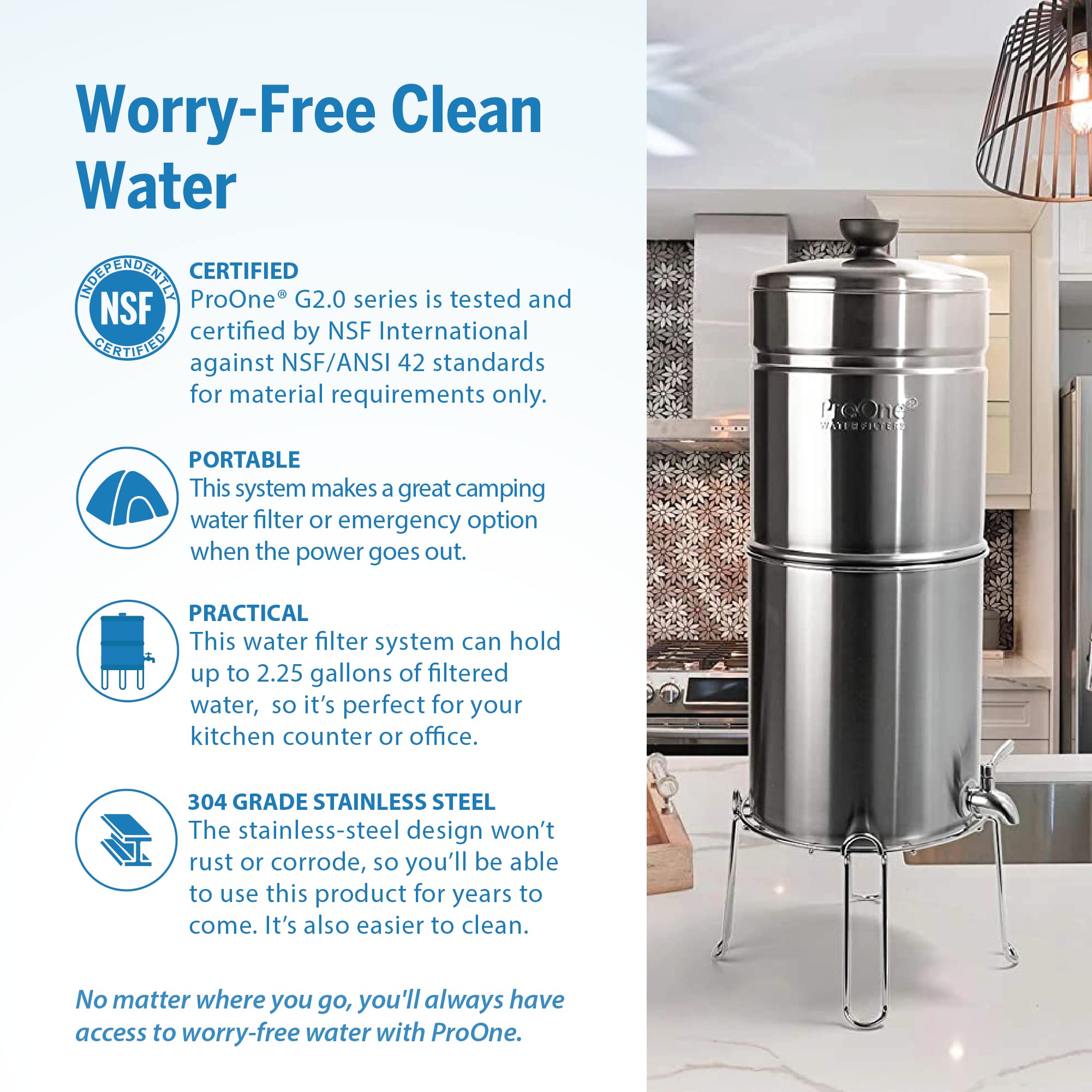 ProOne Traveler+ Stainless-Steel Gravity Filter System, 2.25-Gallon Water Capacity, Countertop Water Dispenser for Home & Travel with One 5โ Filter & Wire Stand, Independently Tested Proven to Reduce
