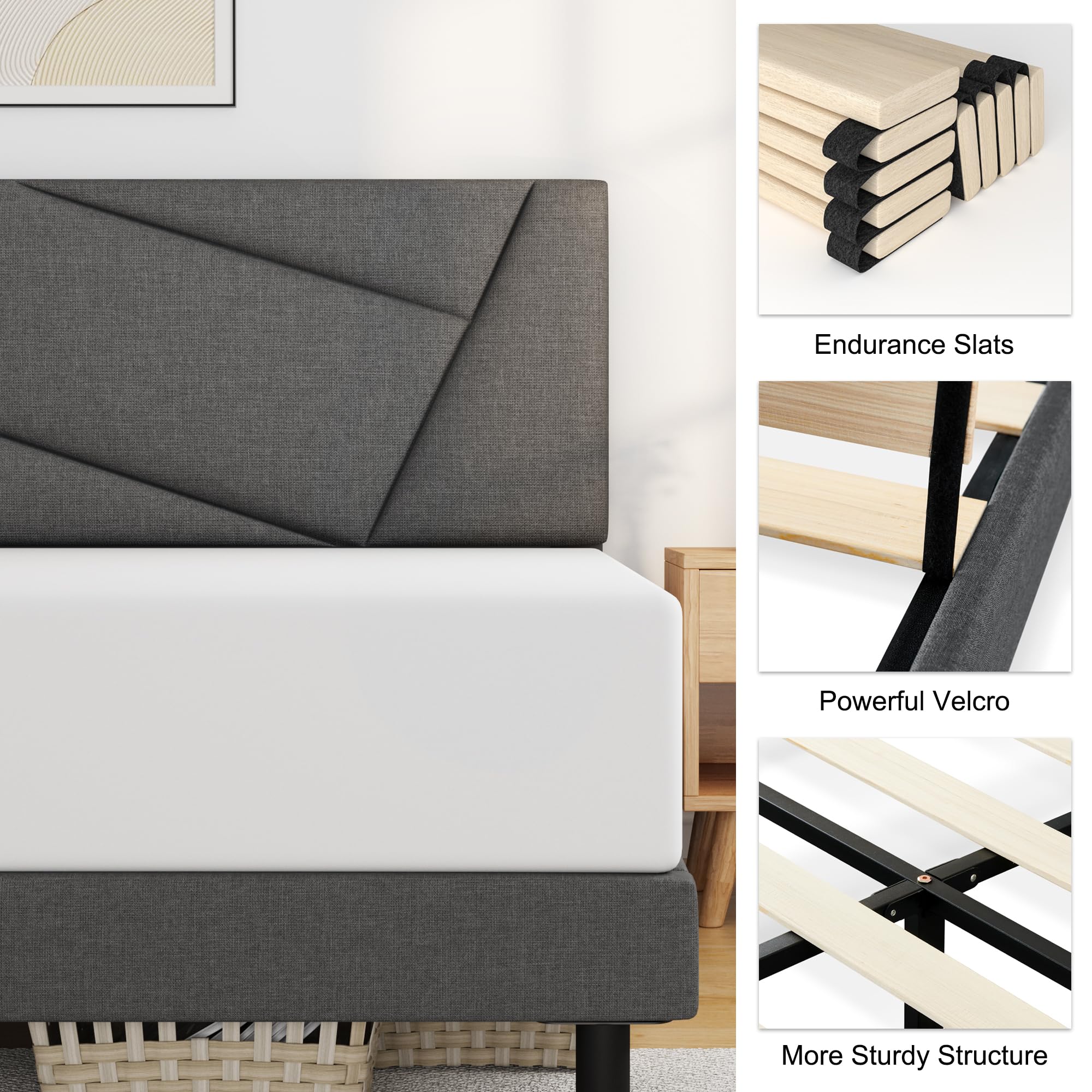Generic Queen Bed Frame Upholstered Platform with Headboard, Linen Fabric Wrap, Strong Frame and Wooden Slats Support, Easy Assembly No Box Spring Needed,Non-Slip and Noiseless, E Dark Grey