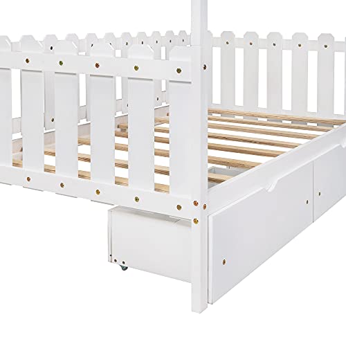 Lifeand Twin Size House Bed with 2 Drawers, Fence-Shaped Guardrail and Sky Roof, Solid Wood Bedframe for Gilrs Boys,White