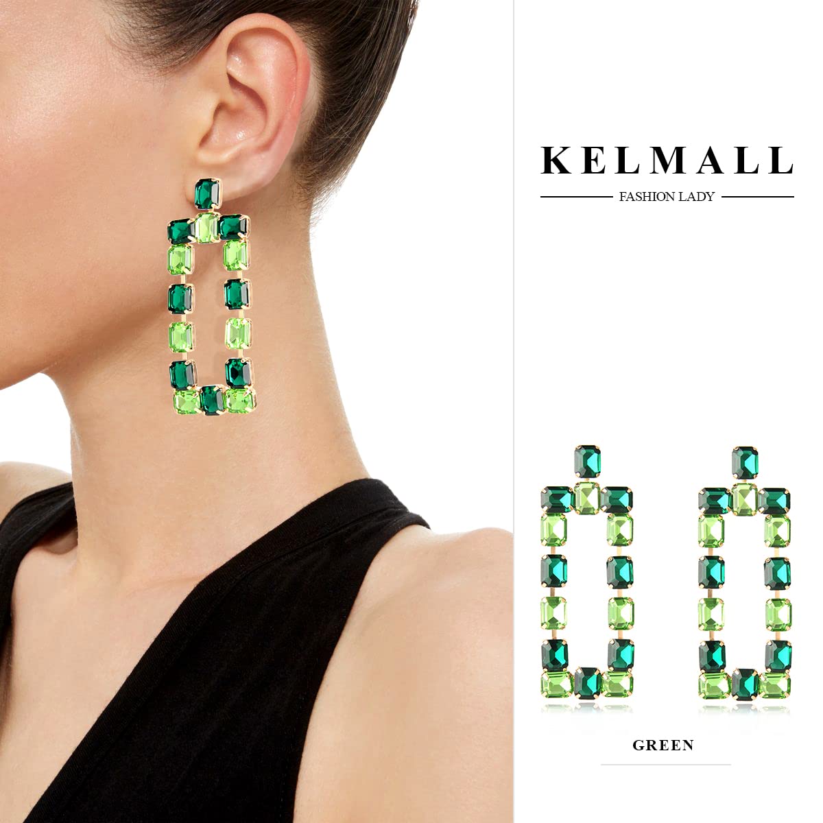 Crystal Rectangle Geometric Dangle Earrings, Glass Rhinestone Statement Drop Earrings for Women KELMALL COLLECTION