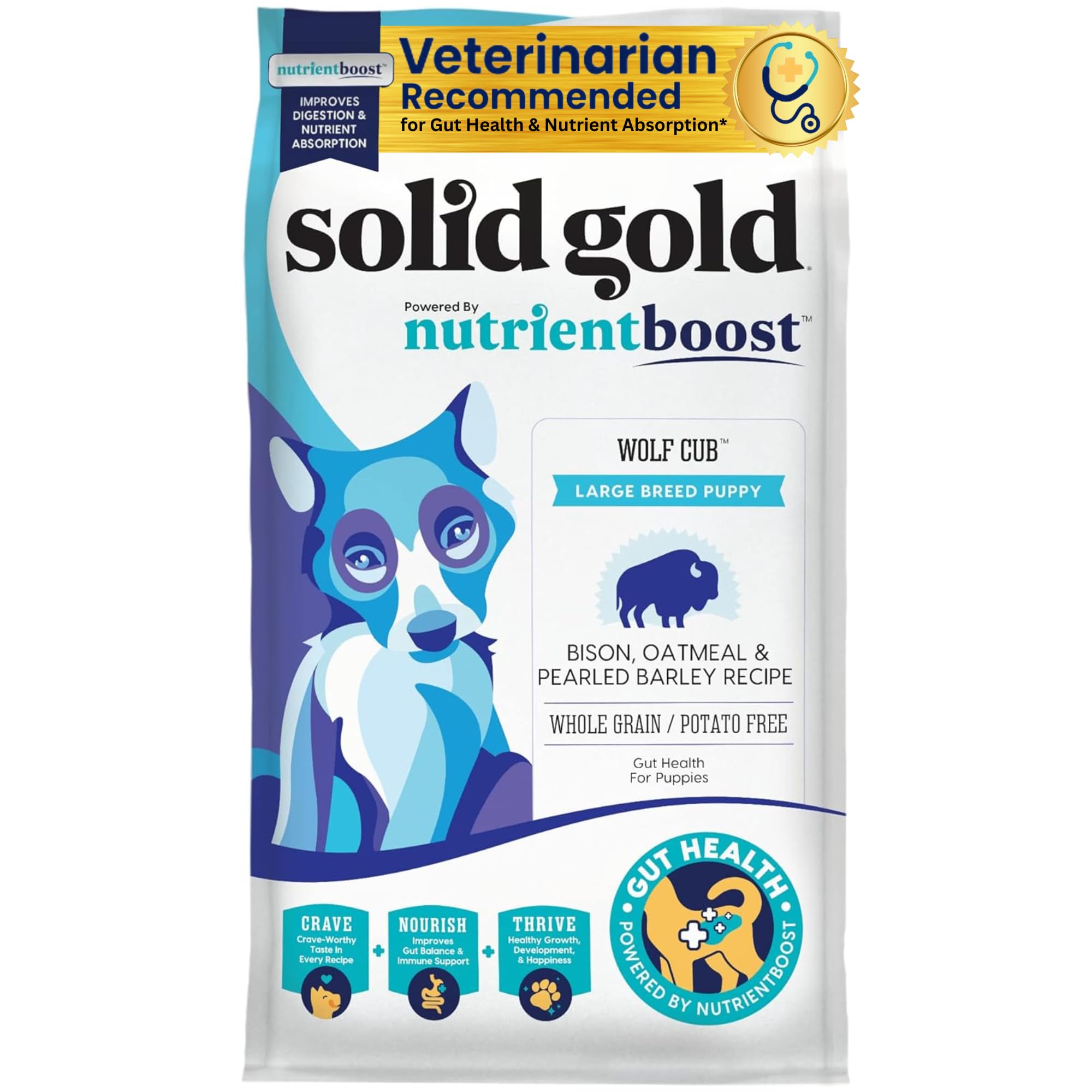 Solid Gold Large Breed Puppy Food w/Nutrientboost - Made with Real Bison, Oatmeal & Barley - Wolf Cub Whole Grain Puppy Food for Large Breed for Healthy Growth and Balanced Nutrition - 3.75 LB Bag