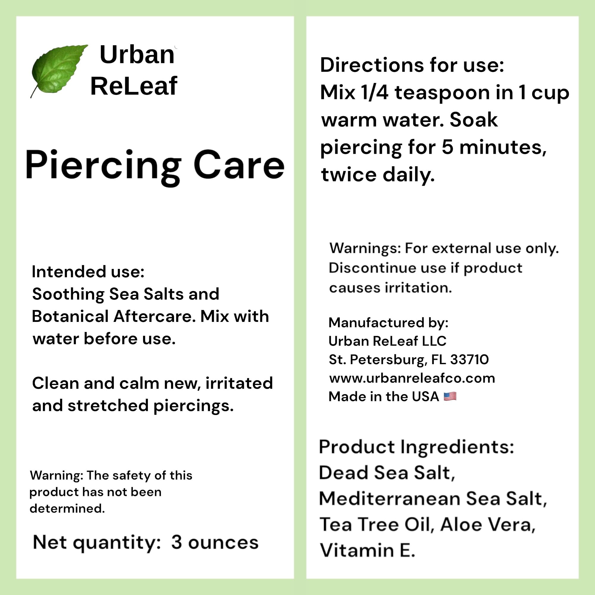 Urban ReLeaf Piercing Care - Healing Sea Salt & Botanical Aftercare - Safely Clean & Heal New & Stretched Piercings - 1 (3 Ounce)