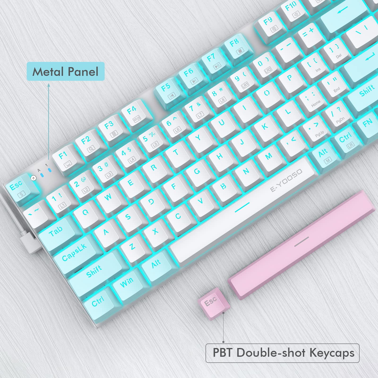 E-YOOSO Mechanical Keyboard, Wired Compact Computer Keyboard, Backlit Gaming Keyboard 94 Keys with Arrow Keys & Numpad for PC/Mac Gamer, Typist, Blue Switch