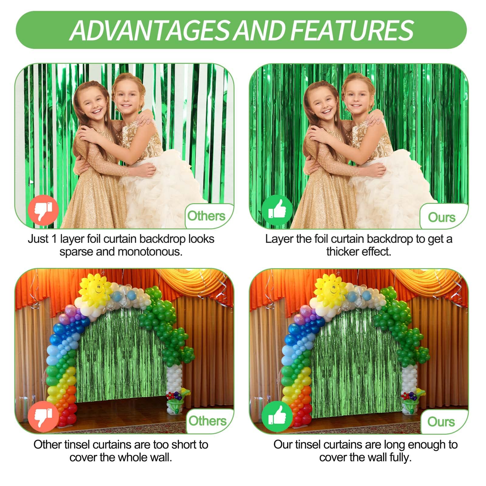 Crosize 3 Pack 3.3 x 9.9 ft Green Foil Fringe Backdrop Curtain, Streamer Backdrop Curtains, Streamers Birthday Party Decorations, Tinsel Curtain for Parties, Galentines Decor, Preppy, Photo Booth