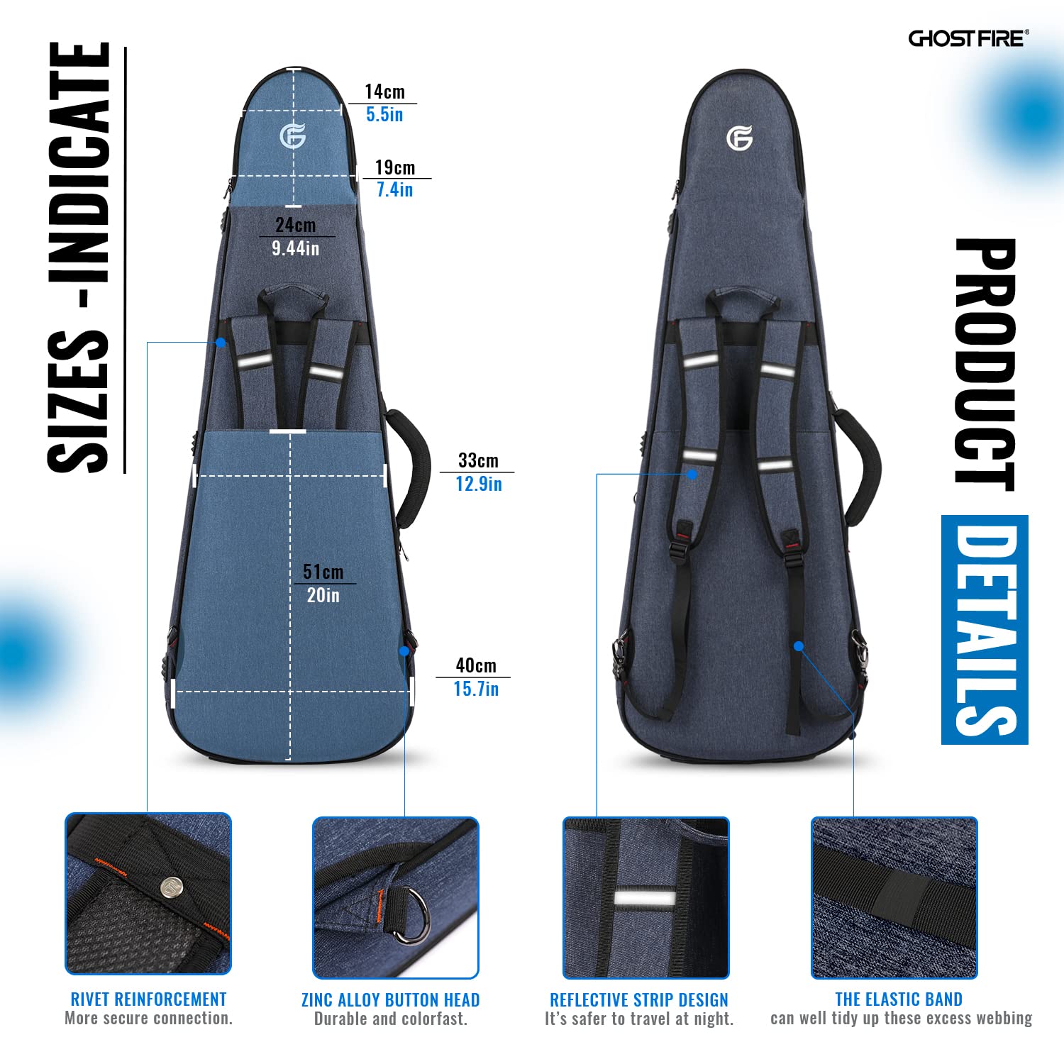 GHOSTFIRE high-end Bass Gig bag Super thick fit Precision/Jazz An Expansion Package Is Attached (Bass Gig bag-blue)