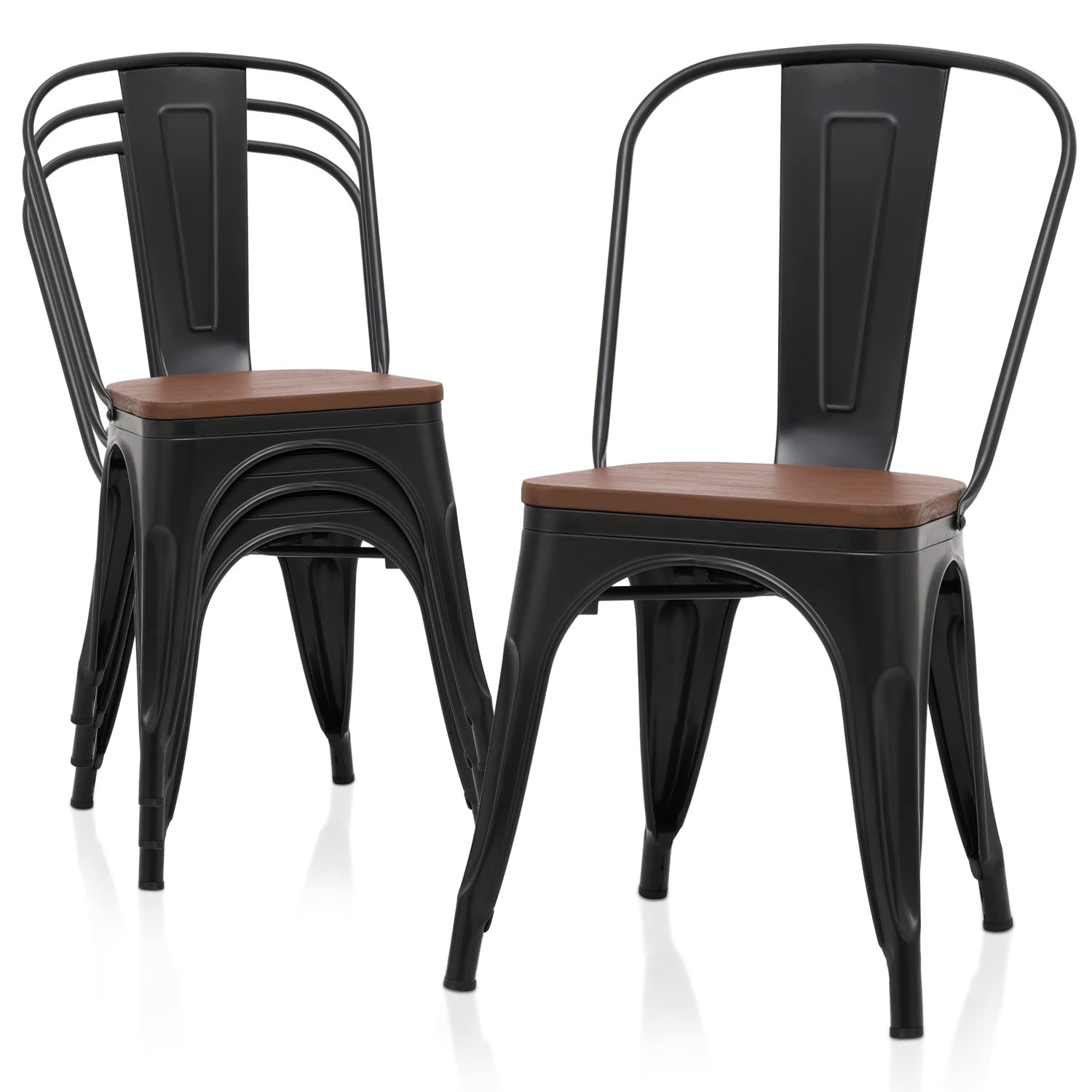 MoNiBloom Metal Dining Chairs Set of 4, Industrial Vintage Stackable Metal Chair Vintage Farmhouse Chairs with Detachable Backrest and Wood Seat for Indoor Outdoor Bistro, Black