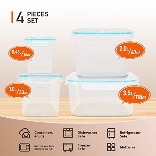 LIHOOOOM Food Storage Containers with lids, 8-Piece BPA-Free Meal Prep Rectangle Containers Plastic Leak-Proof Containers for Cereal, Flour and Sugar 3.5L, Green