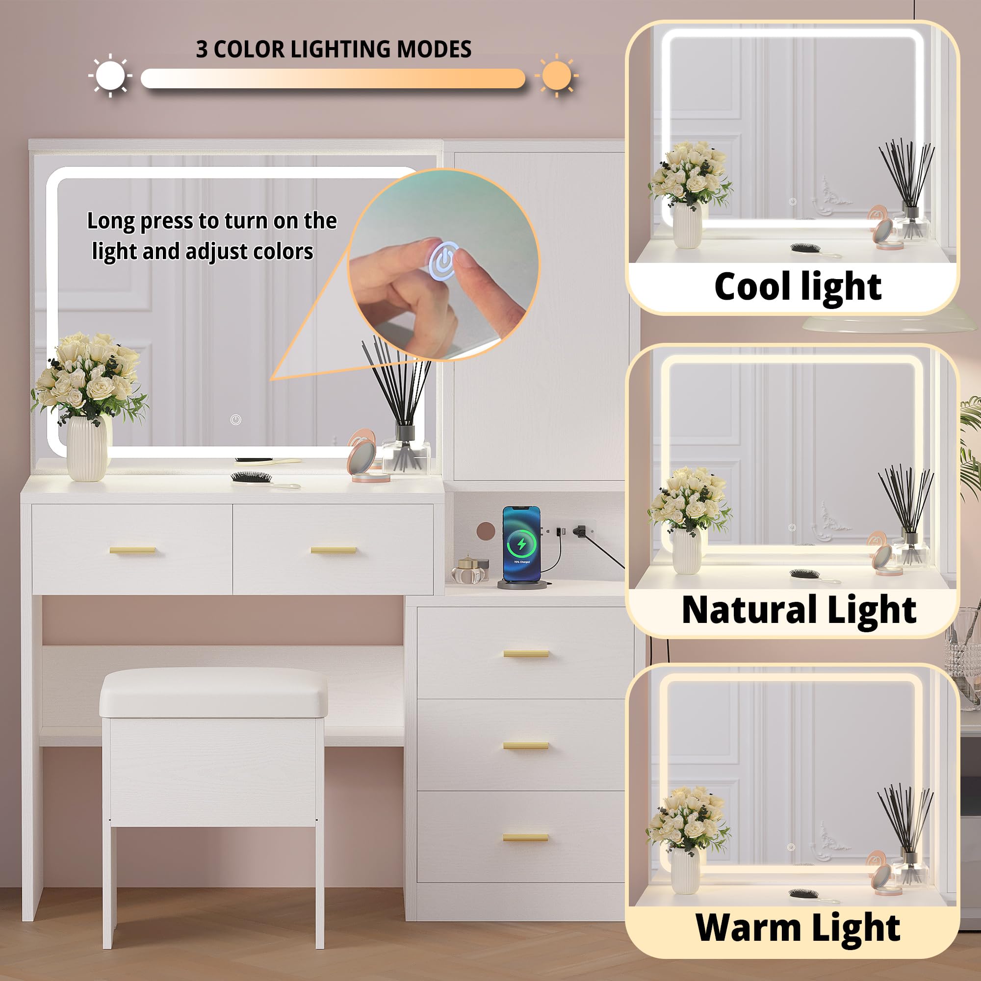 IRONCK Vanity Desk with LED Lights Mirror and Charging Station, Makeup Vanity Table with Storage Cabinet, Storage Bench, and Drawers for Bedroom, White