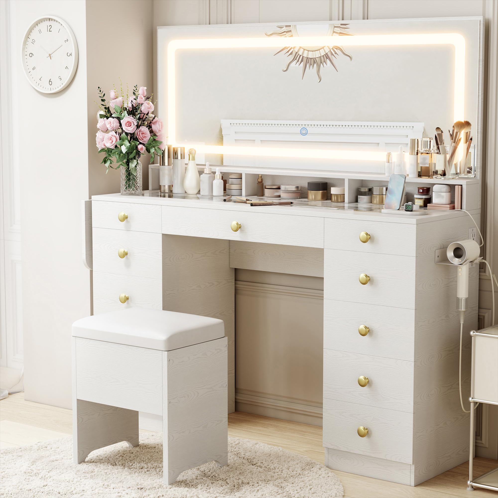IRONCK Vanity Desk with Mirror and LED Lights, Makeup Vanity with 11 Drawers and Power Outlet, 45" Glass Top Vanity Table with Storage Stool, Adjustable Brightness, Vanity Set for Bedroom, White