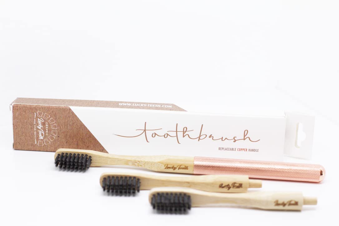 Replaceable Bamboo Toothbrush Aluminum Handle - BPA Free, Soft Bristles | Eco-Friendly, Biodegradable, Compostable, Vegan & Zero Waste | 3 Heads Total | 9-12 Months supply. (COPPER CHARCOAL BRISTLES)