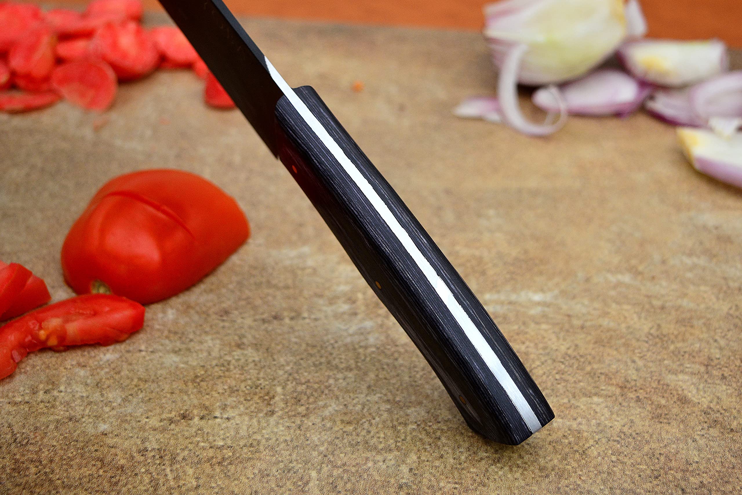 RYOBA Chef Knife 8 inch Kitchen Knife Ultra Sharp High Carbon Stainless steel Japanese chef knife with Finger Guard-Titanium Plated Black Chef Knife WITH Sheath and Sharpener in Gift Box