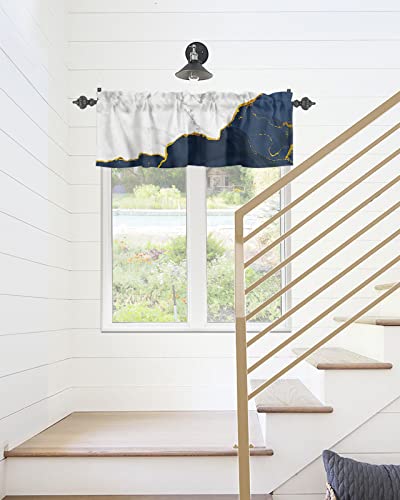 Window Curtain Valances for Kitchen Windows,Natural Marble Abstract Texture Rod Pocket Short Window Valance White Navy Blue Stone with Gold Line Cafe Treatment Valance for Living Room/Bedroom,54x18in