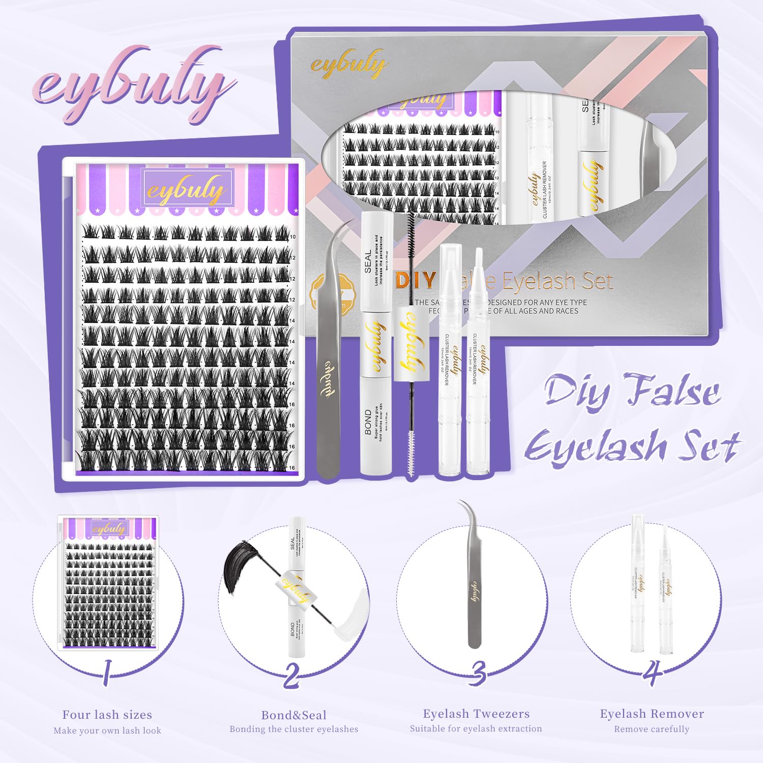 DIY eyelash extension Kit, eyelash cluster 144 pieces, cluster eyelash application tool, super styling eyelash bonding and sealing, cluster eyelash glue remover is easy to use at home