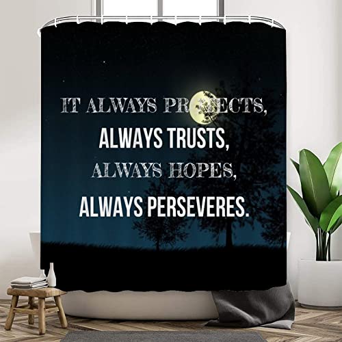 Rimego Shower Curtain 72"x72" with Words 12 Hooks Polyester Waterproof Fabric Bathroom Bathtub Panels It Always Protects,Always Trusts,Always Hopes,Always Perseveres