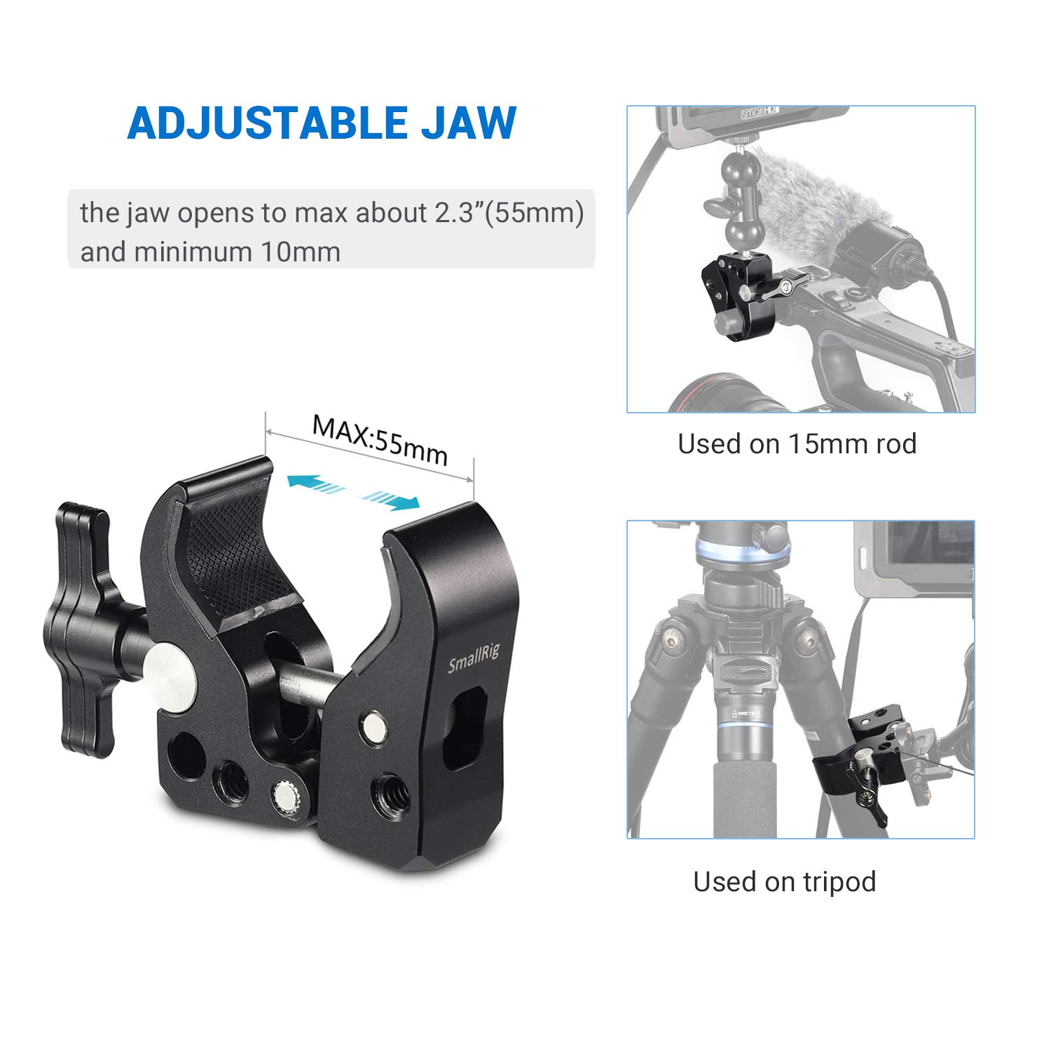 SMALLRIG Super Clamp with 1/4拻 Thread Holes, 3/8拻 Locating Pin for ARRI Standard, T-Shaped Wingnut and Rubber Pads