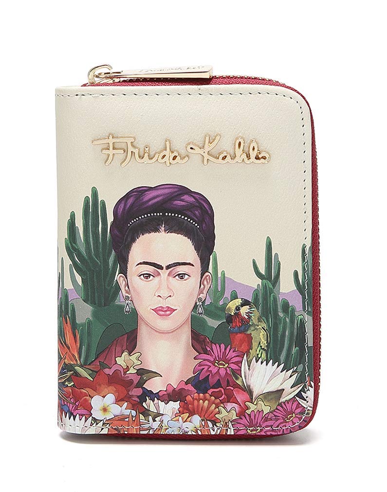 Frida Kahlo Vegan Leather Cute Zip Around Wallet (Beige/Red)