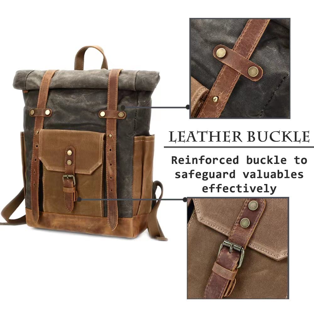 CRUITBILI Waxed Canvas Leather Hiking Travel Waterproof Backpack for College Weekend Travel Fit 15in laptops (Classic Khaki)