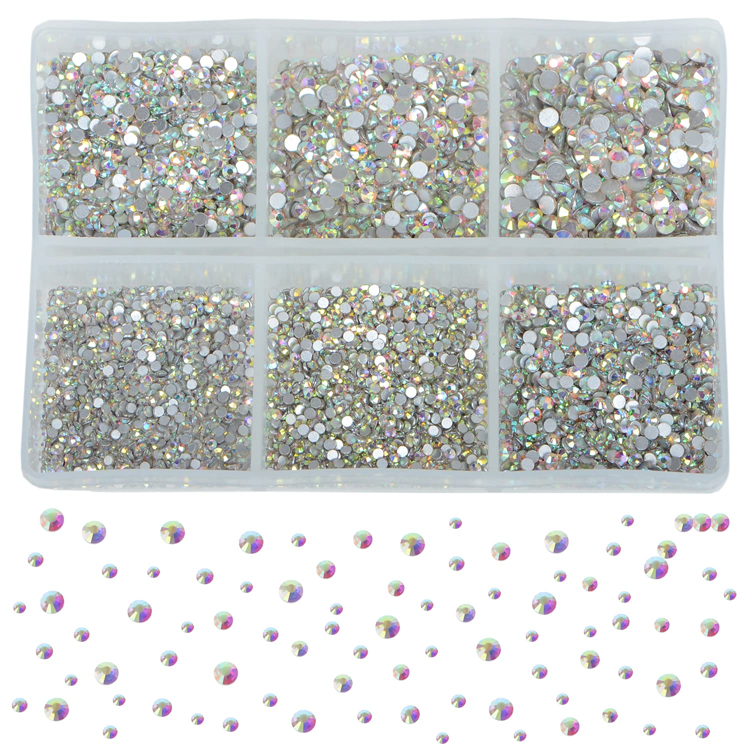 Bymitel 7200 Pieces 6 Mixed Sizes Glue Fix on Glass Rhinestones Round Crystal Gems Flatback for DIY Jewelry Making with one Picking Pen (6-Sizes 7200PCS, Crystal AB)