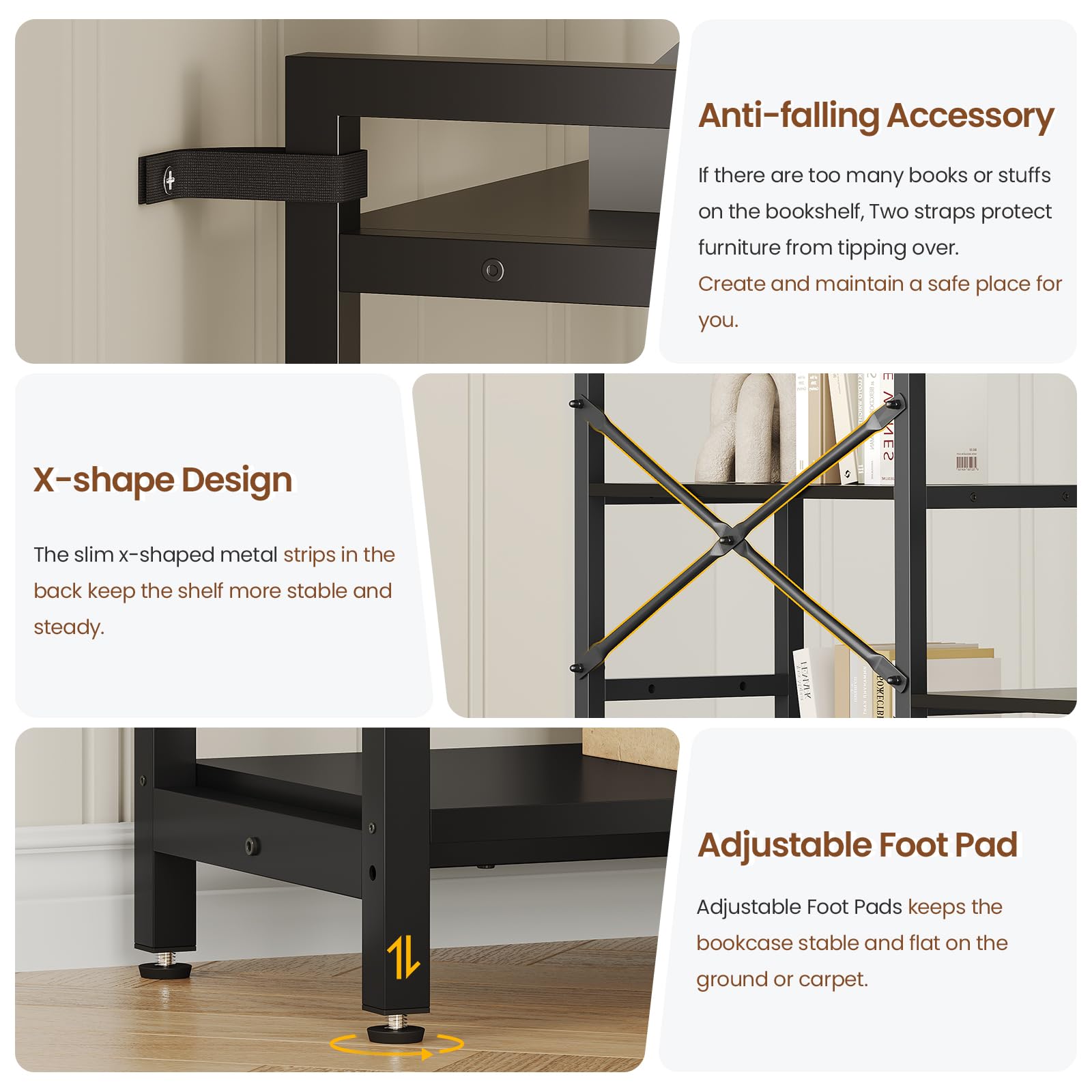 Itaar Triple 4 Tier Bookshelf with Drawers, Bookcase with Open Display Shelves, Industrial Wide Book Shelf with Metal Frame for Living Room, Office, Kitchen, Black