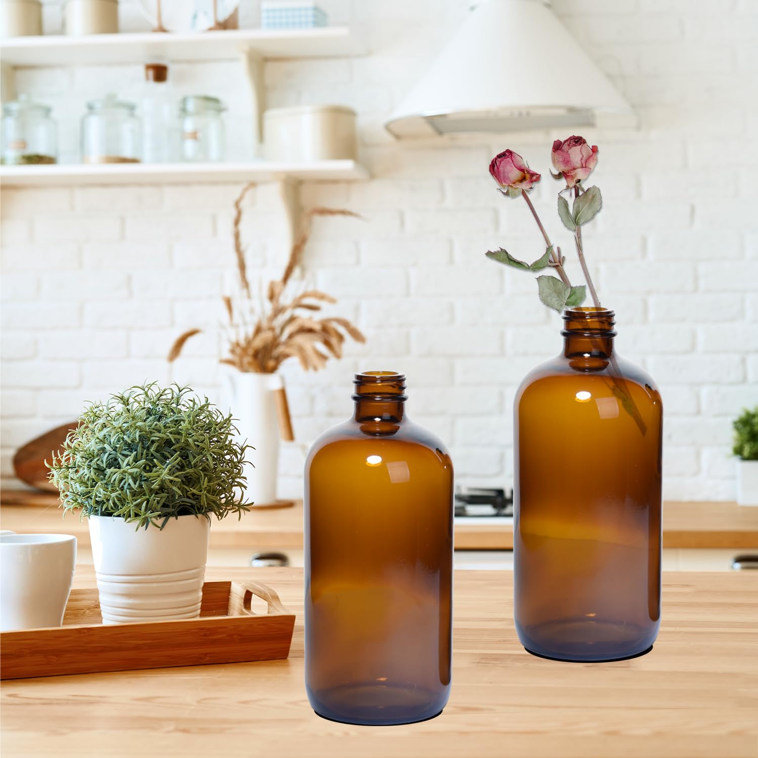 Galssmagic 16 oz Amber Glass Bottle,10 Pack Round Sample Dark Bottles for Oil,Kombucha(Black Caps,Labels and Funnels Included)