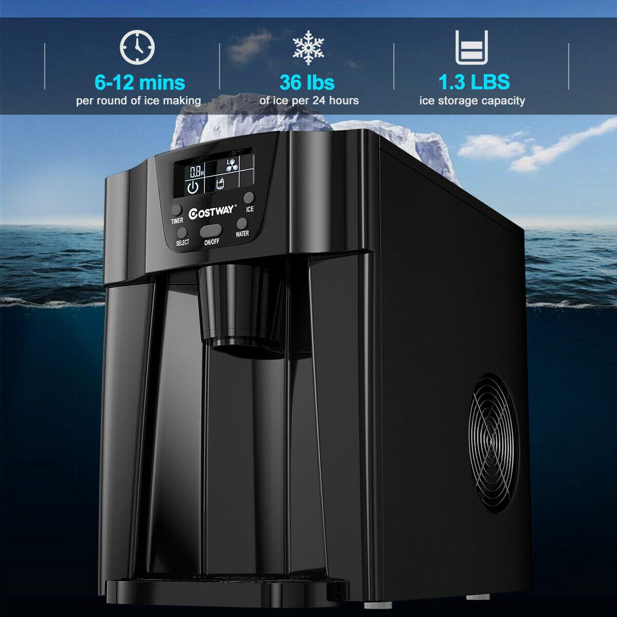 Refrigeration Modern High-Efficiency Maker Water Dispenser Countertop 36Lbs/24H LCD Display Portable Black Portable 2 In 1 Ice Ice-Making Restaurants, Bars Canteens, Snack