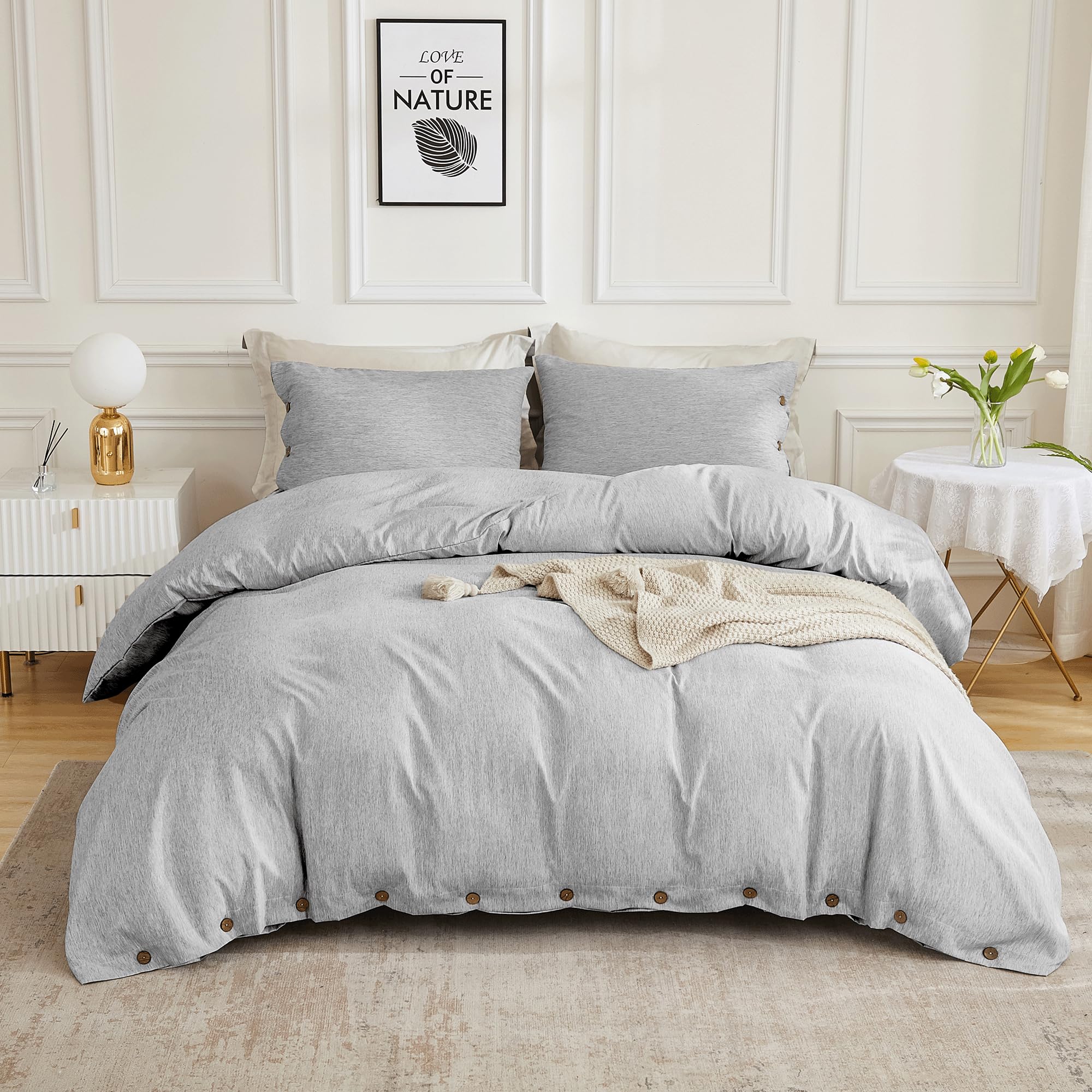 MUKKA Duvet Cover Set King Size Heather Grey Coconut Button Closure Linen Like Chambray Modern Style Elegant Soft King Duvet Cover Luxury& Breathable Covers (104 * 90 inches)