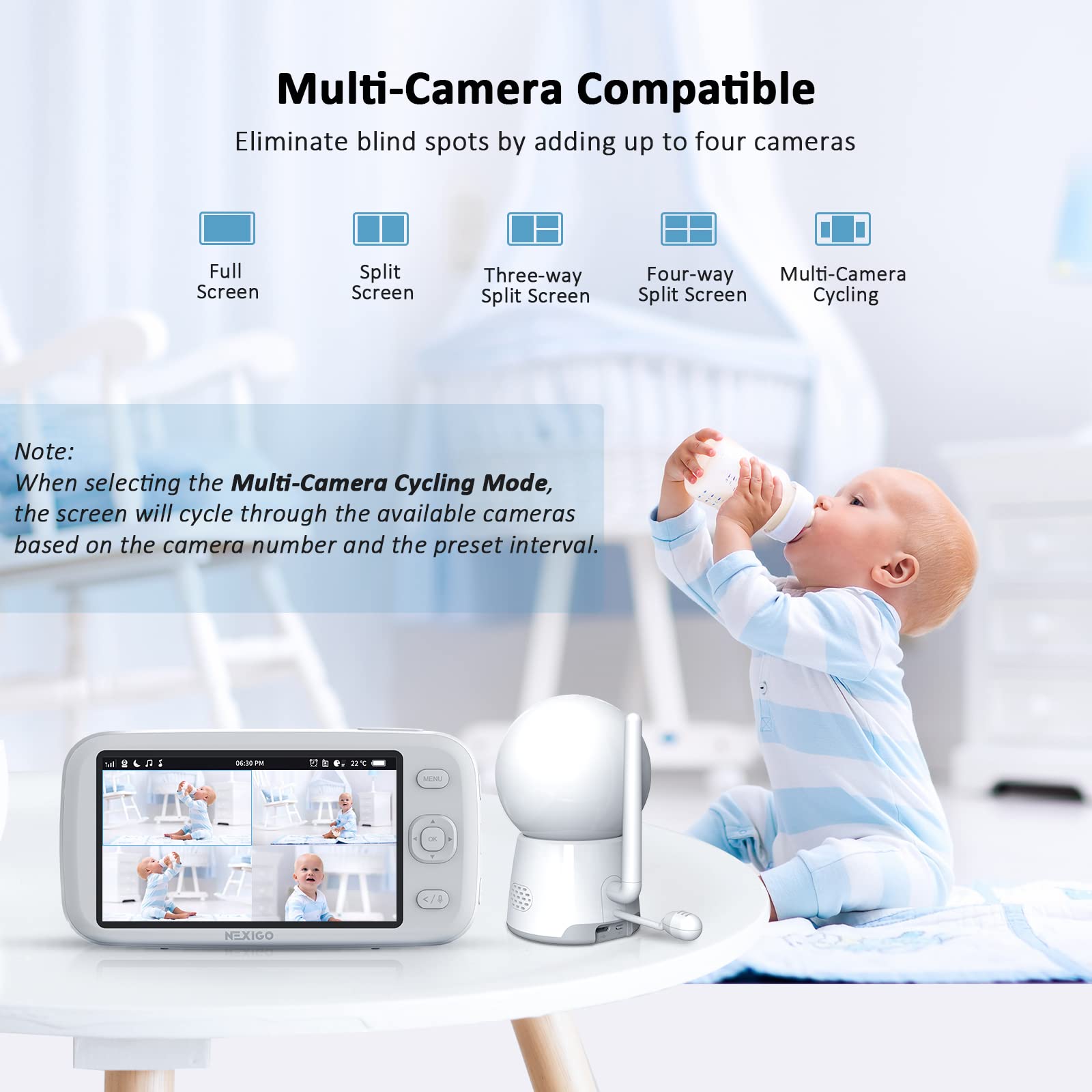 NexiGo Video Baby Monitor with Camera and Audio, 5 Inch Split IPS Screen, Support Up to 4 Cameras, 2-Way Audio, Pan-Tilt-Zoom, 4800mAh Battery, Temperature Detection, Night Vision, Lullaby (White)