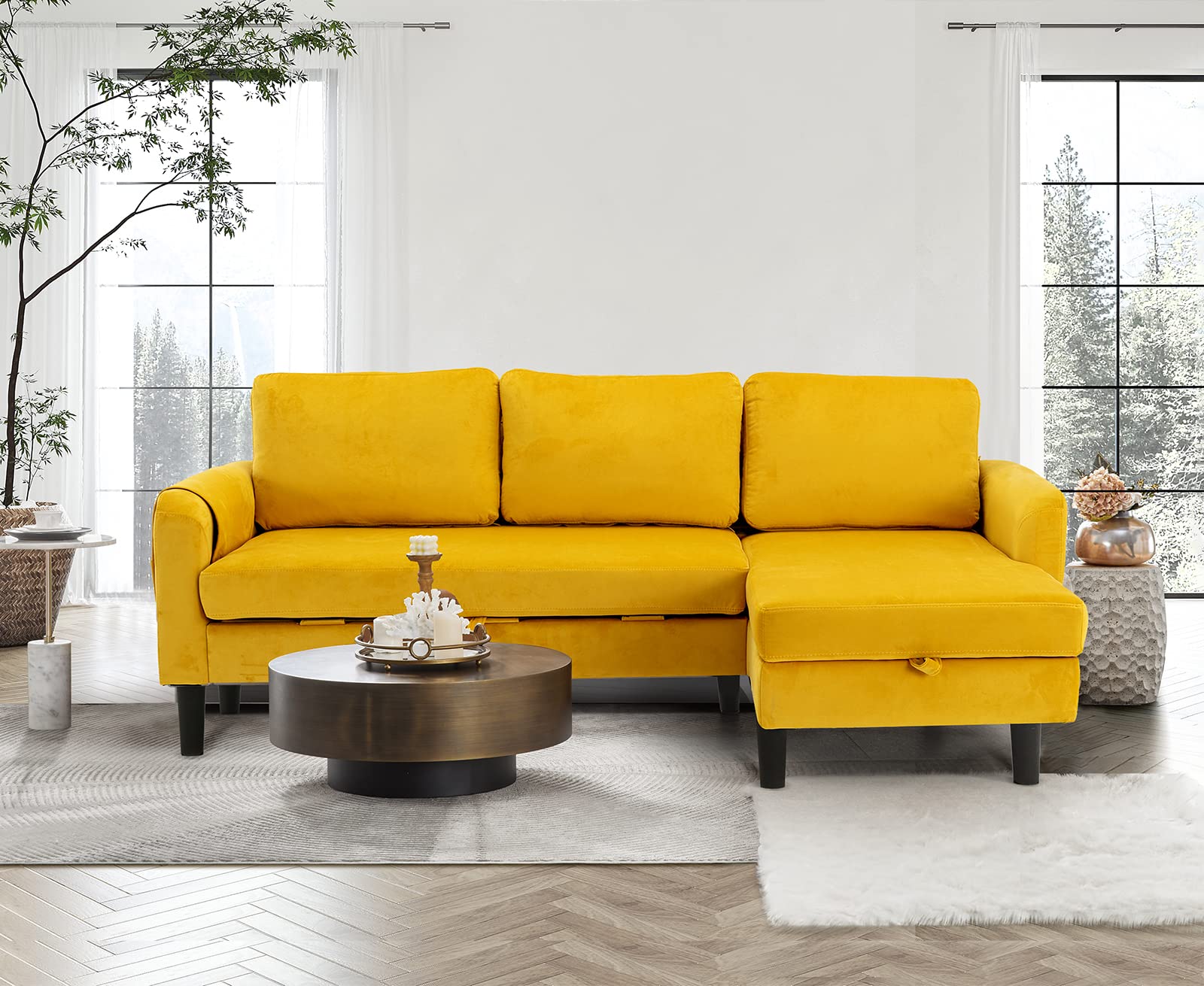 Modern Velvet Pull Out Sleeper Sofa Bed with Chaise, Comfy L Shaped Convertible Sleeper Couch with Storage and Pocket, Sectional 3 Seat Couch for Living Room Furniture or Office, Smooth Back - Yellow