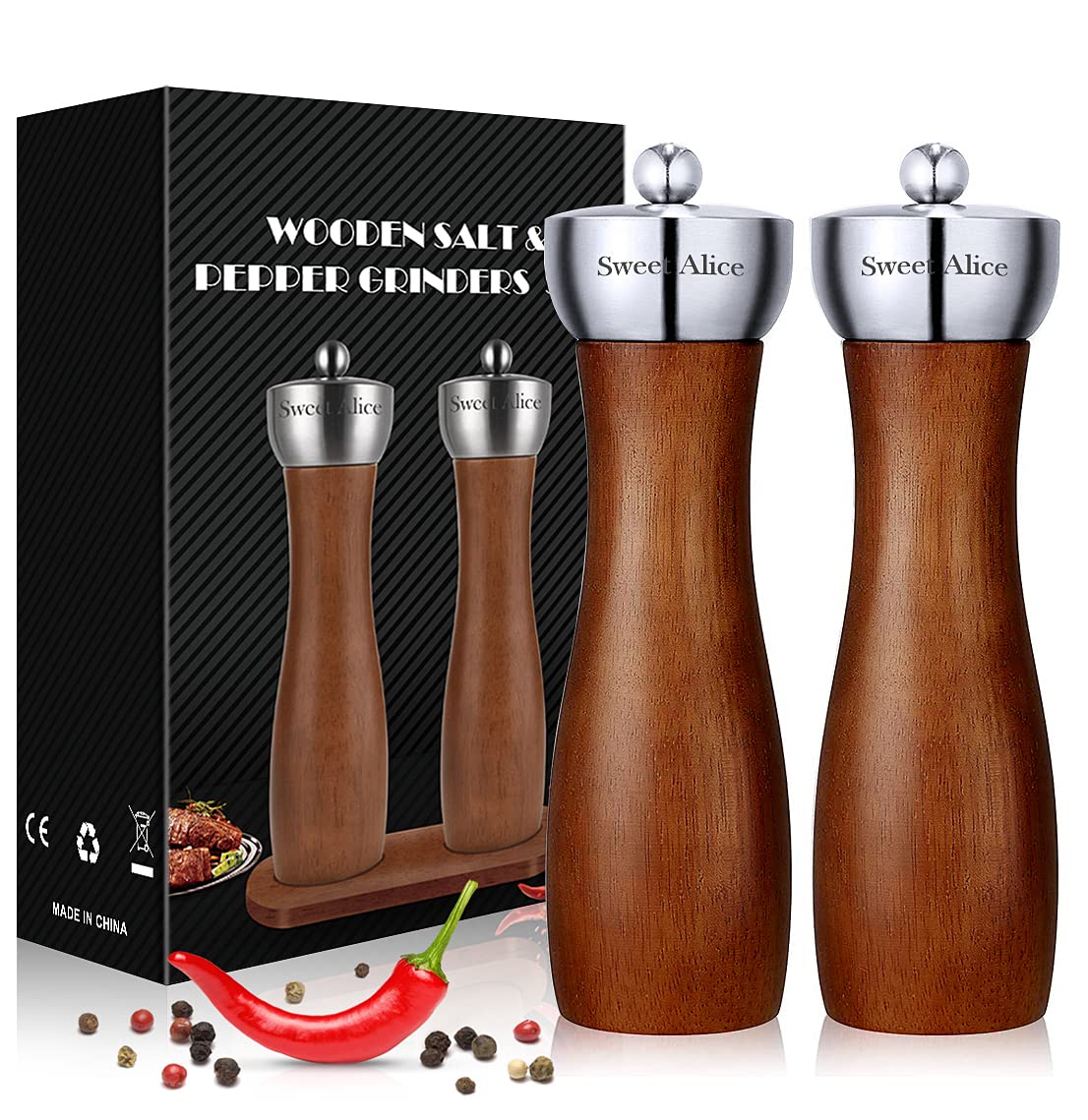 Salt and Pepper Grinders Refillable Set, Beech Wood Pepper Mill with Ceramic Mechanism, Solid and Durable Salt Grinders Suited for Sea Salt, Black Peppercorn (6'', Brown Set of 2)