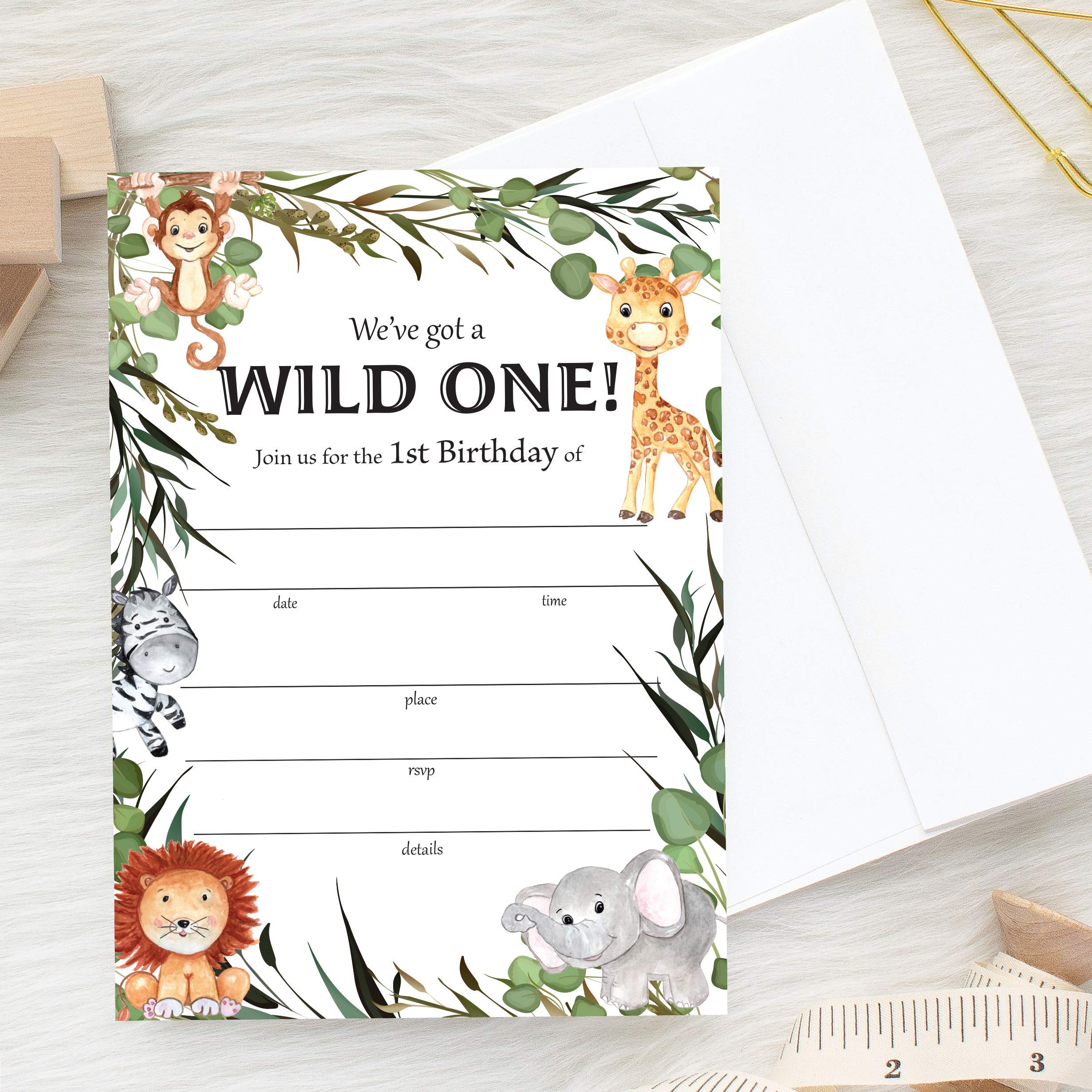 Moonrise Papery SET OF 25 Safari 1st Birthday Party Invitations, Wild One Invitations with Envelopes, Jungle Theme, Lion, Elephant, Giraffe, Zebra, Monkey Birthday Party Invites