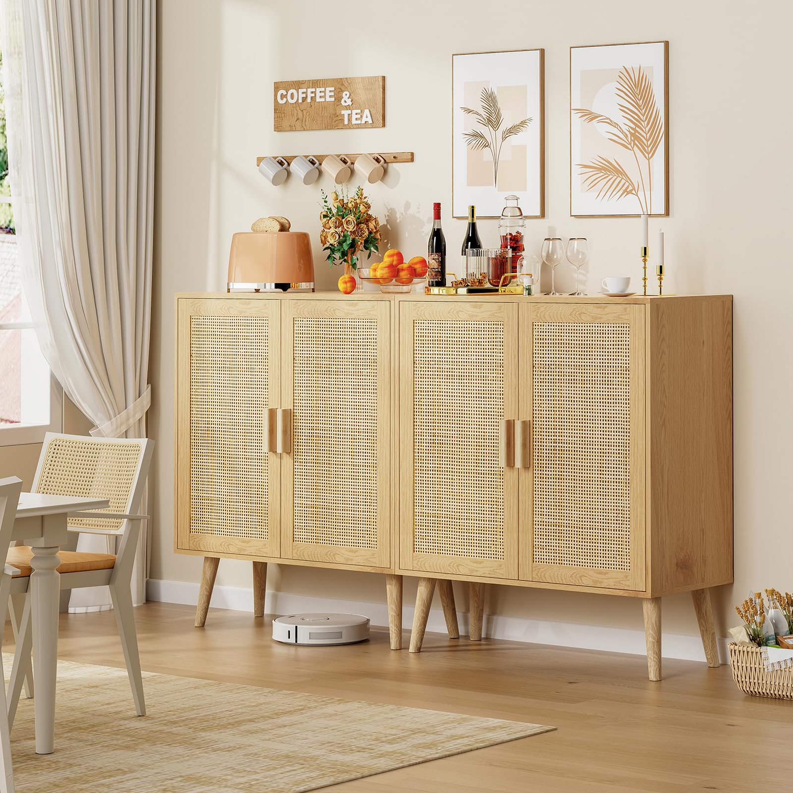 Iwell Storage Cabinet with Adjustable Shelf, Rattan Cabinet with 2 Doors, Rattan Storage Cabinet, Accent Cabinet for Living Room, Dining Room, Entryway, Natural