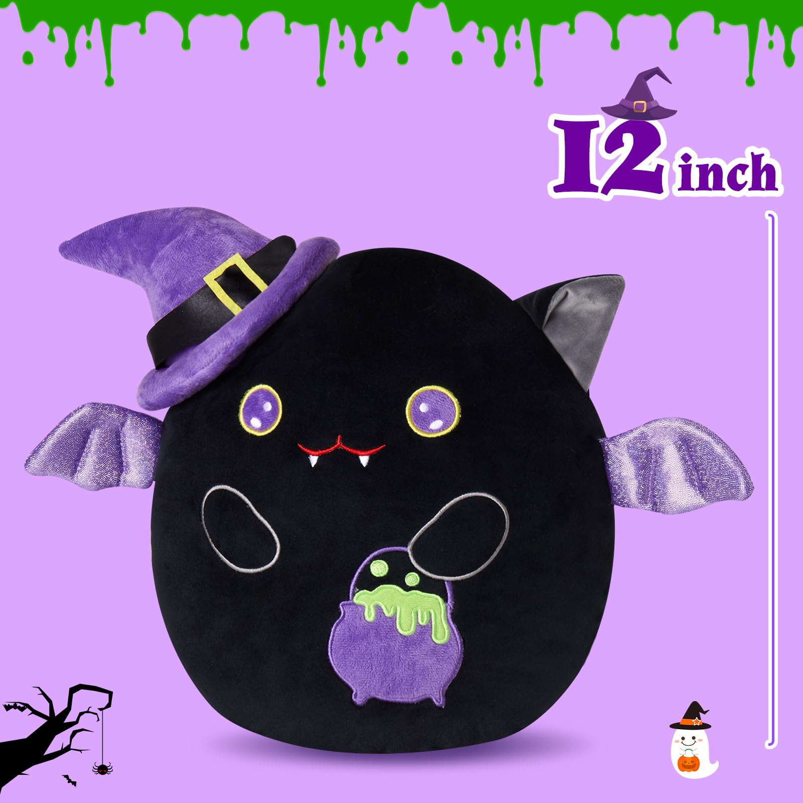 HappySpot Halloween Bat Plush,Black Bat Stuffed Animals with Purple Wizard Hat Witch Cauldron,Cute Halloween Bat Plush Toy,11.8'' Soft Halloween Bat Plushie Pillow Halloween Decoration Gifts for Kids