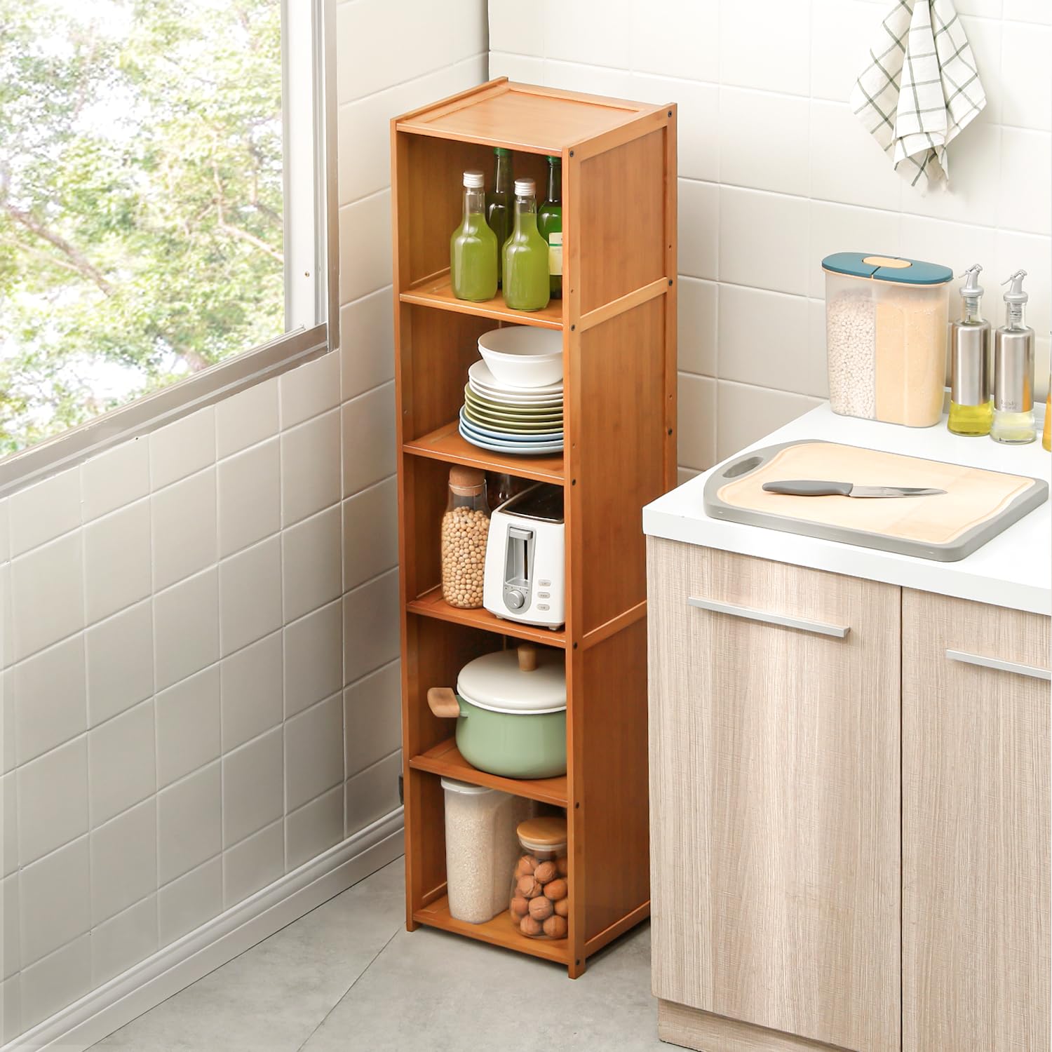 Magshion Bamboo 5-Tier Open Shelf Bookcase, 12" L x 12" W x 49.5" H Brown 5 Cube Organizer Floor Standing Display Storage Shelves Collection Decor Furniture for Home Office Classroom