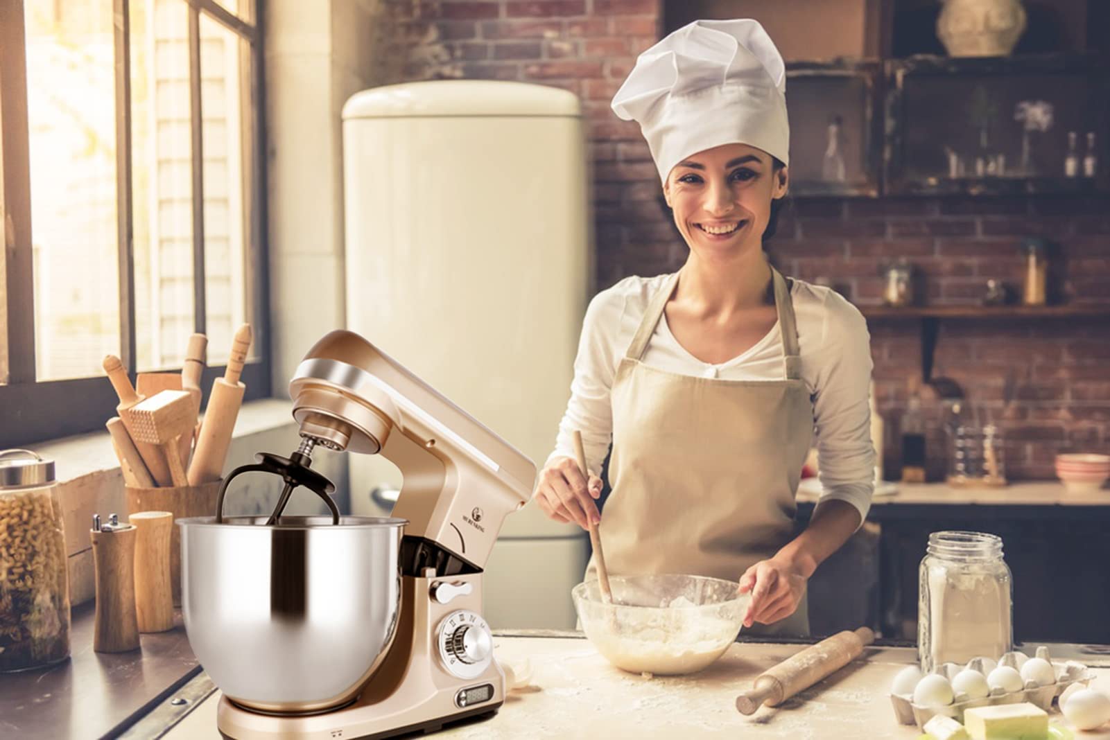 MURENKING Professional Stand Mixer, 6-Qt with Timer, MK37 500W 6-Speed Tilt-Head Food Electric Mixer Kitchen Machine,Plastic (Champagne)