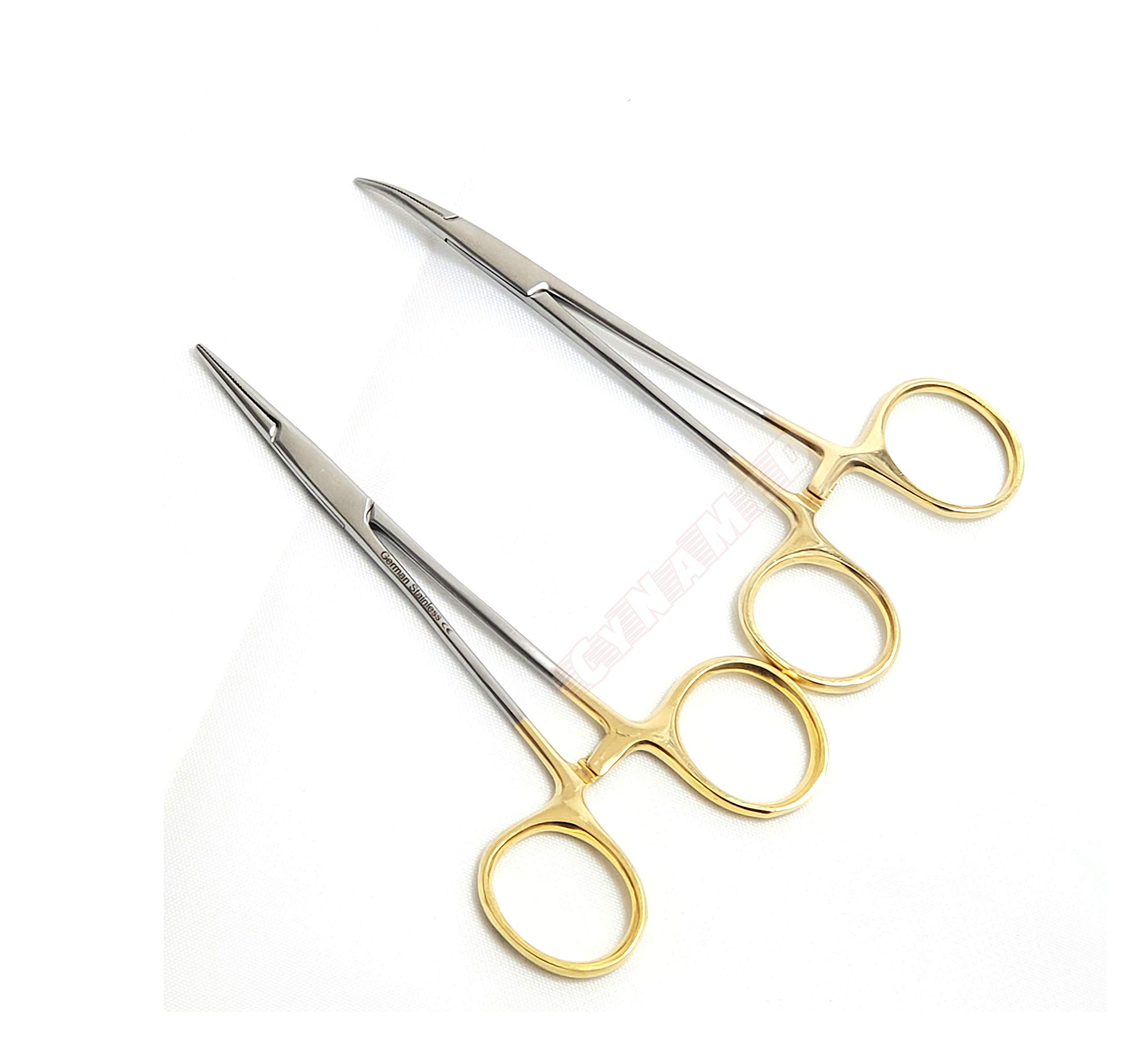 Premium German Stainless- Set of 2 PCS Gold Handle Mosquito Locking HEMOSTAT Forceps Straight + Curved 5"-Cynamed