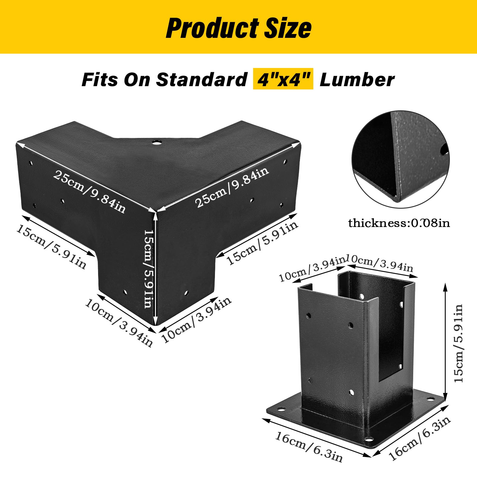 Glossy Black 3-Way Woodwork DIY Pergola Brackets Kit, Elevated Wood Stand Kit with Powder-Coated Steel, Include Extension Brackets & Post Base Brackets| Modular Pergola Kit for 4x4 Wood Post(1 Pair)