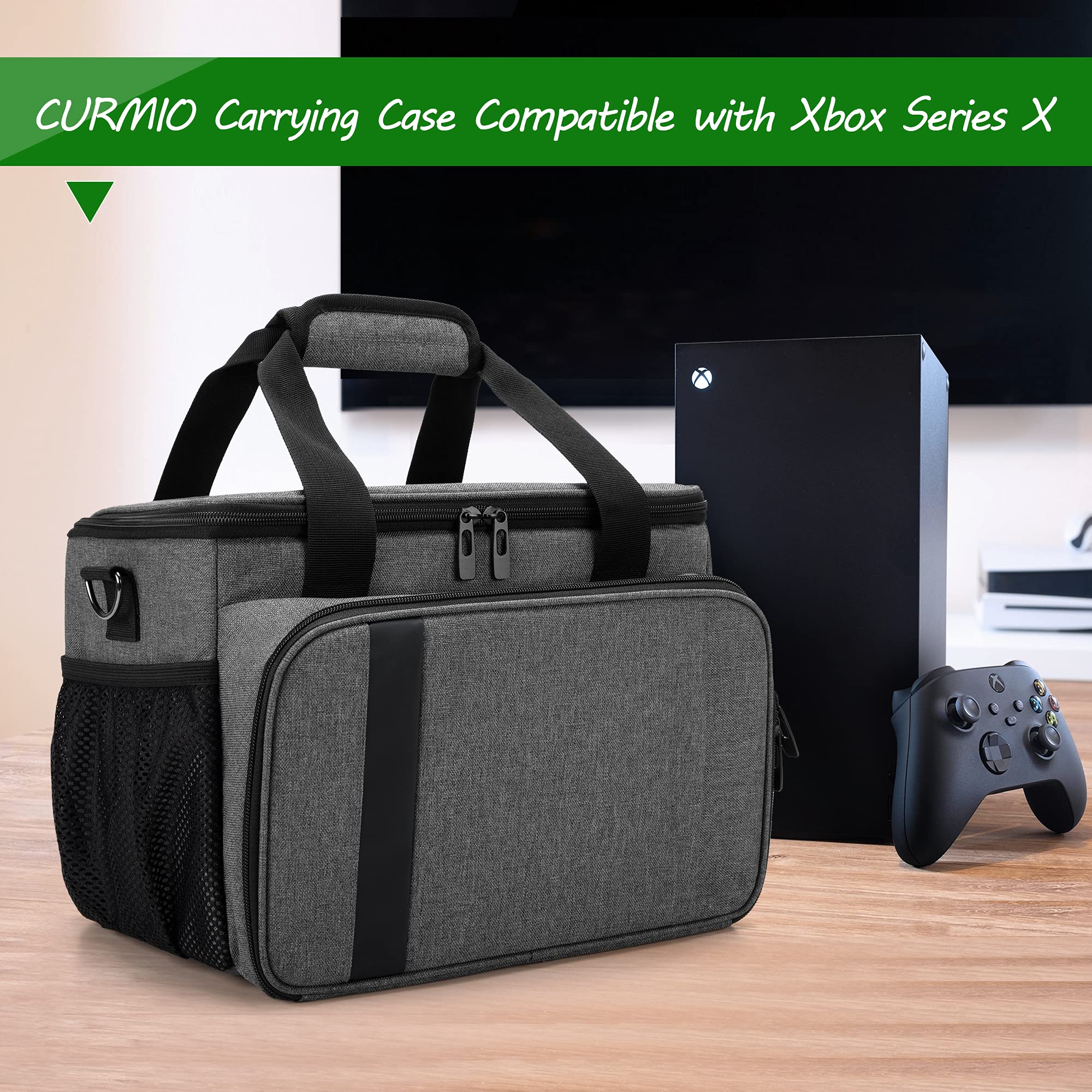 CURMIO Carrying Case Compatible with Xbox Series X Game Console and Accessories, Portable Carrying Bag with Shoulder Strap for Controllers, Cables, Headsets, Ideal for Game Player, Bag Only, Grey