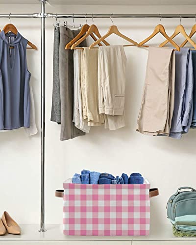 Cube Storage Bins Cloth Towel Organizer Valentine's Day Easter Pink Plaid Checkered Fabric Collapsible Storage Baskets with Handles for Home Office Closet Shelves Toy Nursery 2 Pack